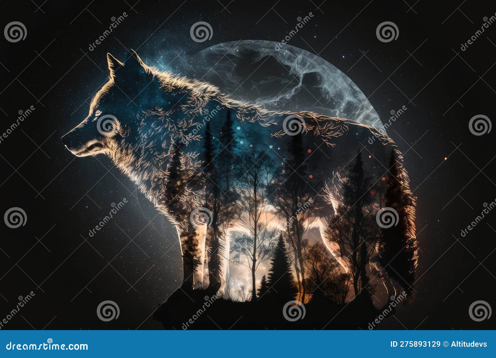 Double Exposure of Wolf with the Full Moon in the Night Sky Stock ...