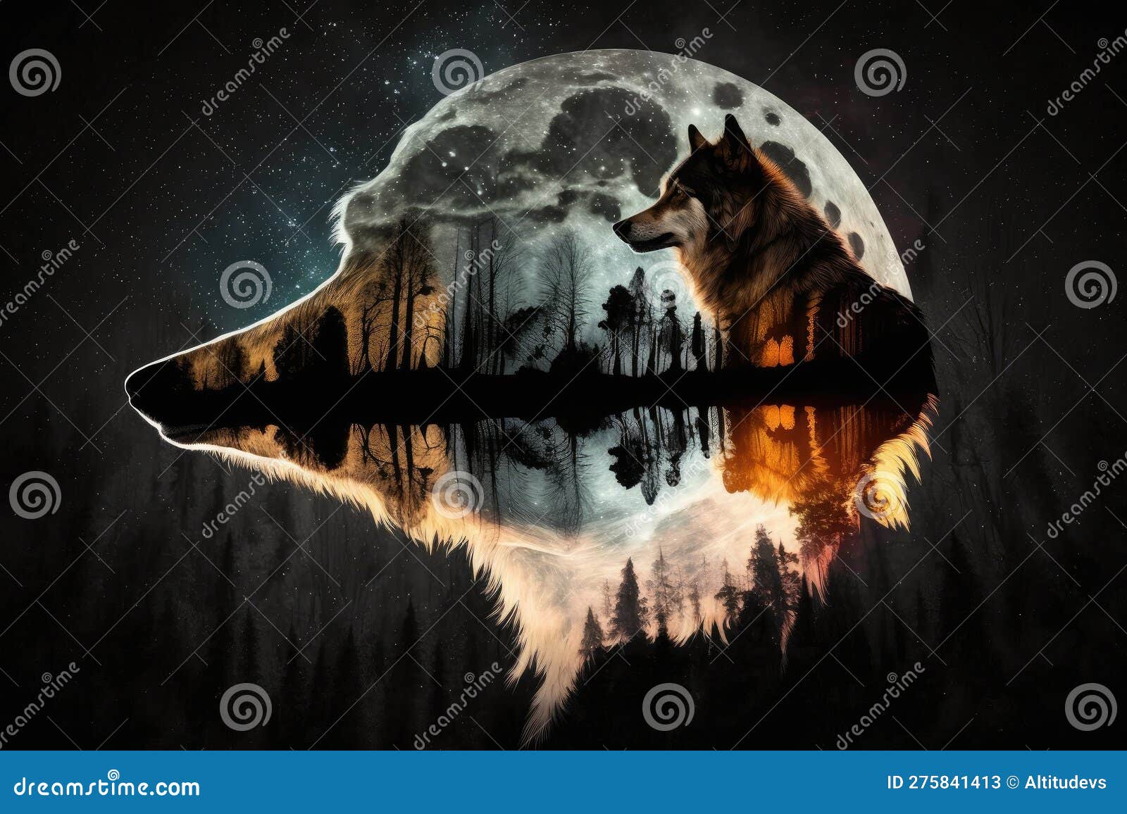 Double Exposure of Wolf Howling at Full Moon Stock Illustration ...