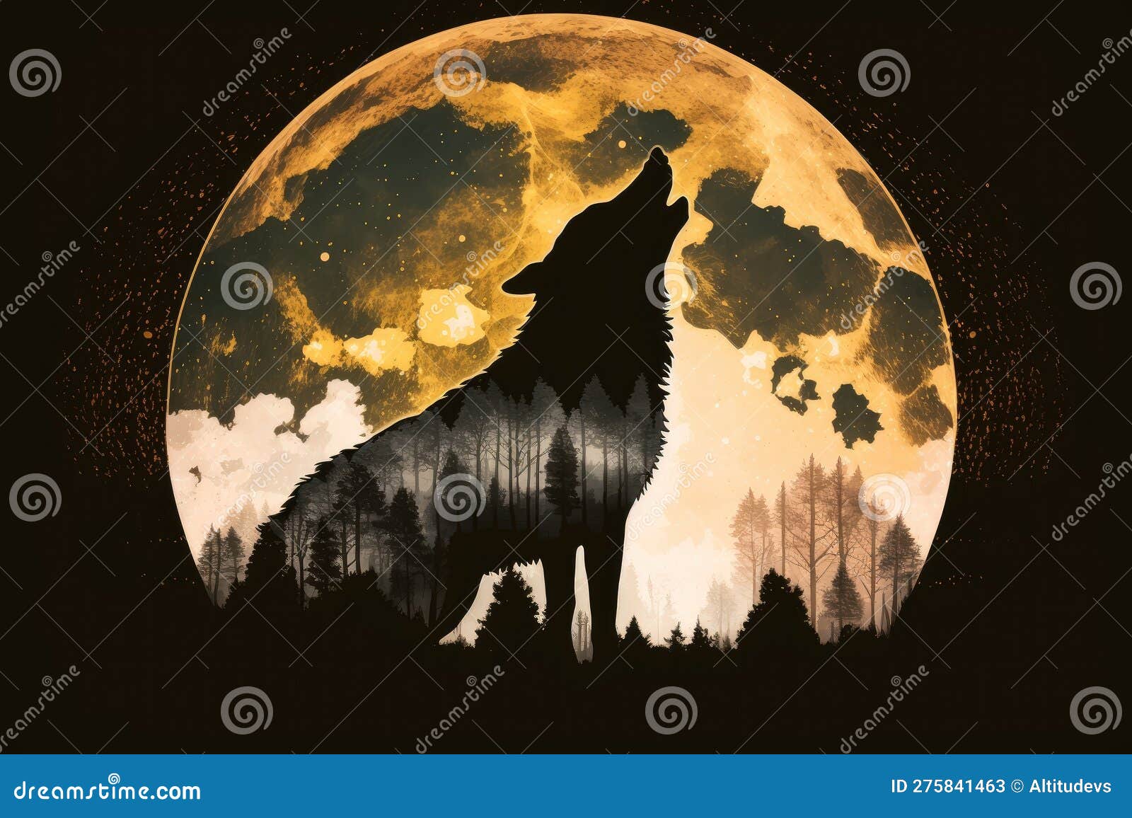 Double Exposure of Wolf Howling at Full Moon in Forest Stock ...