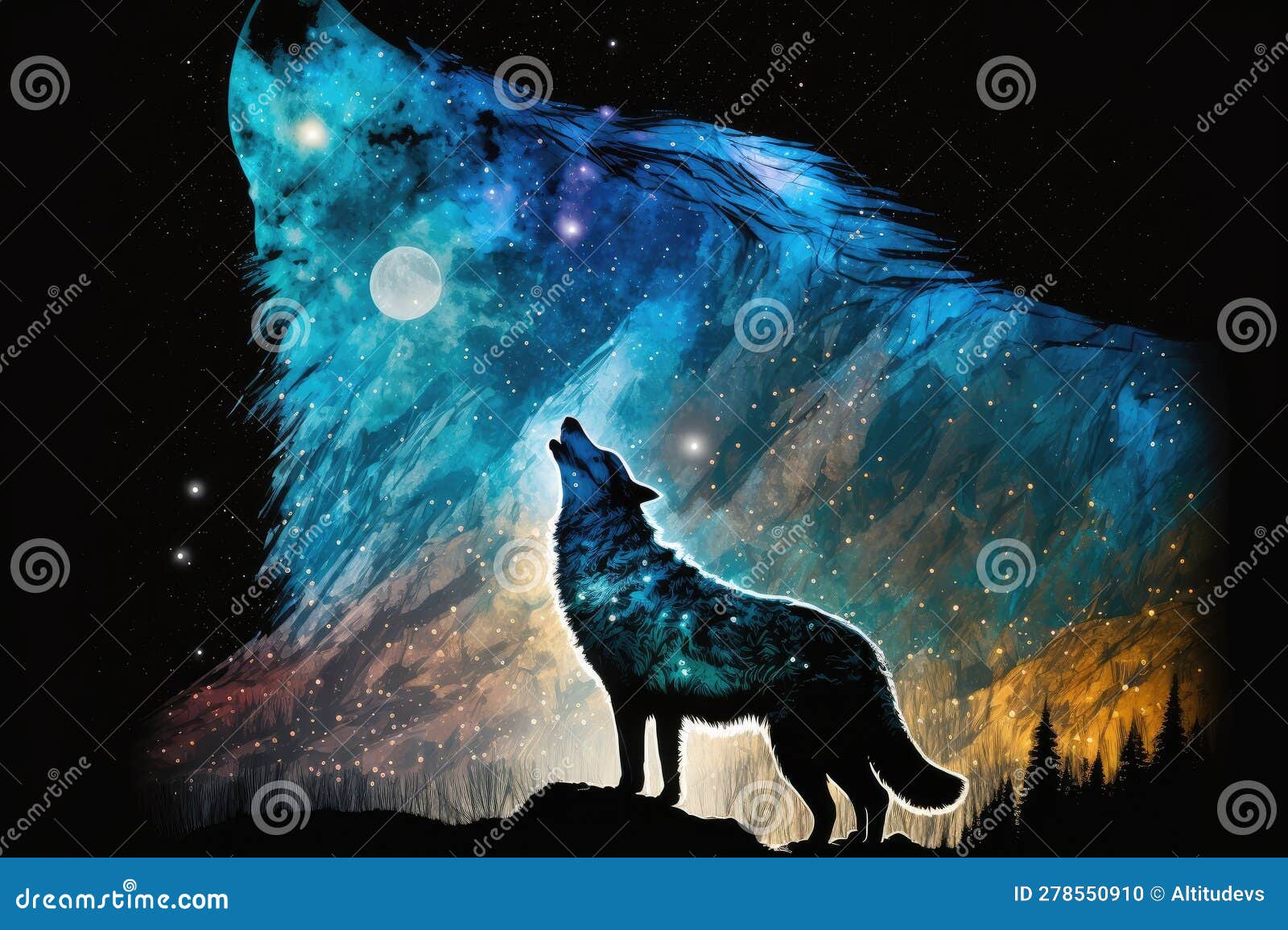 Double Exposure of Wolf Howling at the Moon Against Starry Night Sky ...