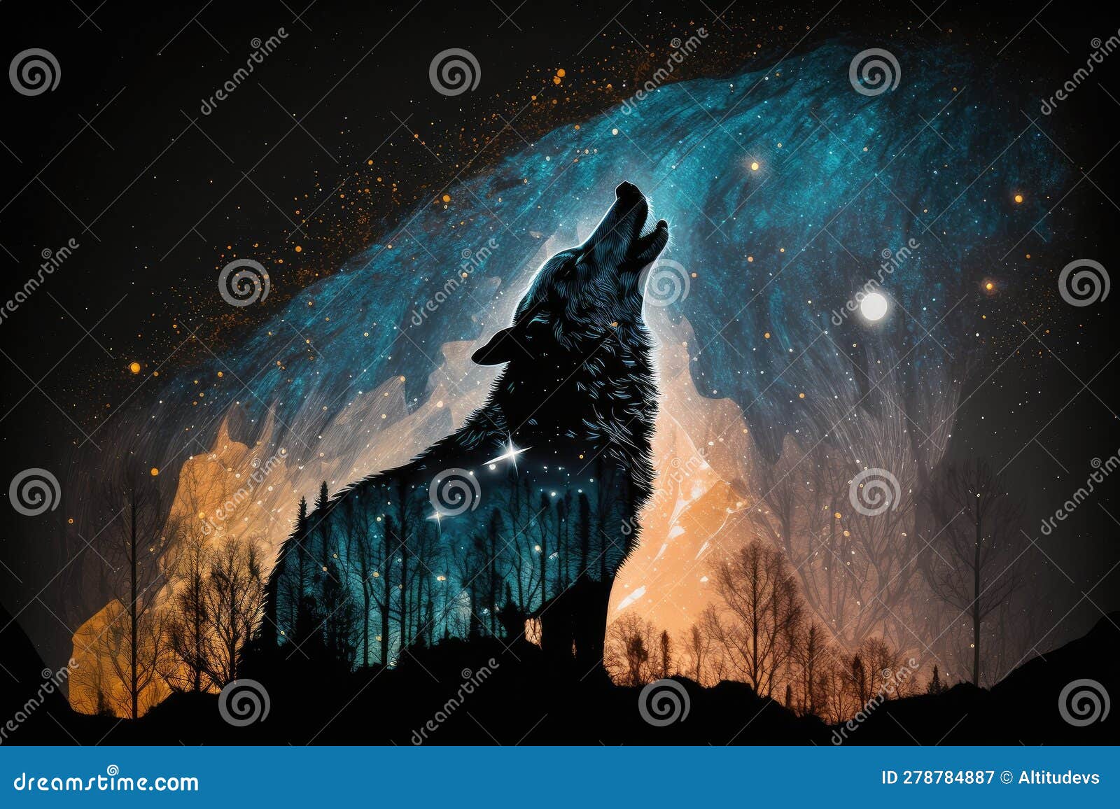 Double Exposure of Wolf Howling at Starry Night Sky Stock Illustration ...
