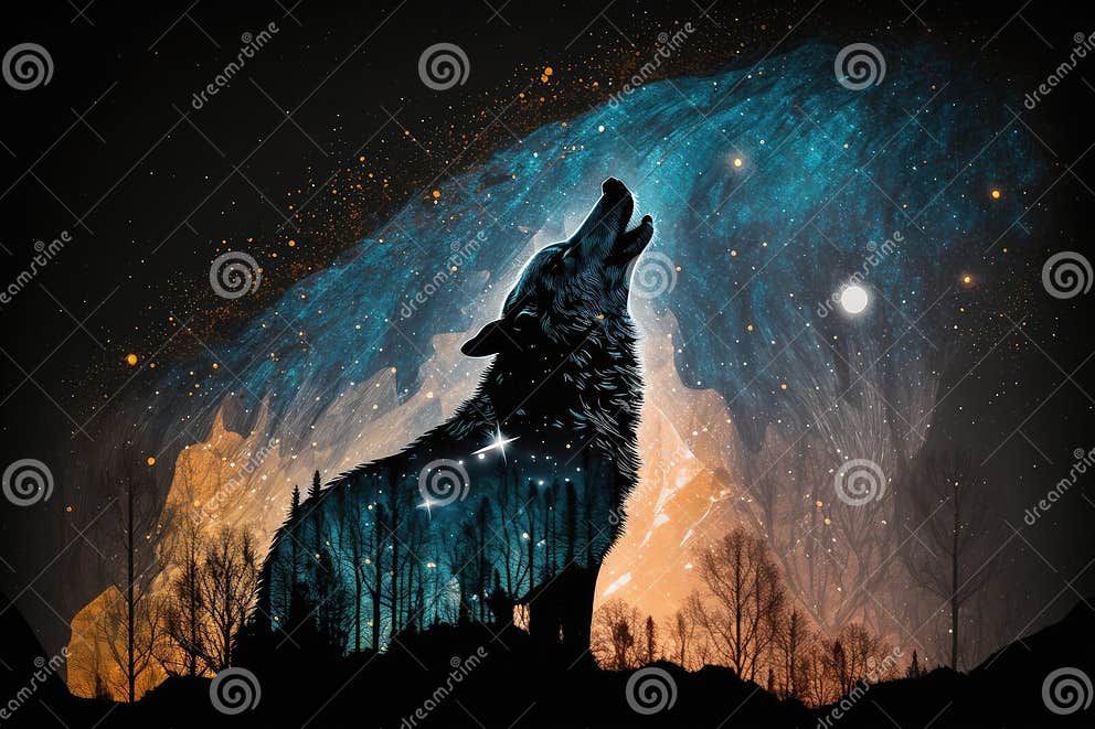 Double Exposure of Wolf Howling at Starry Night Sky Stock Illustration ...