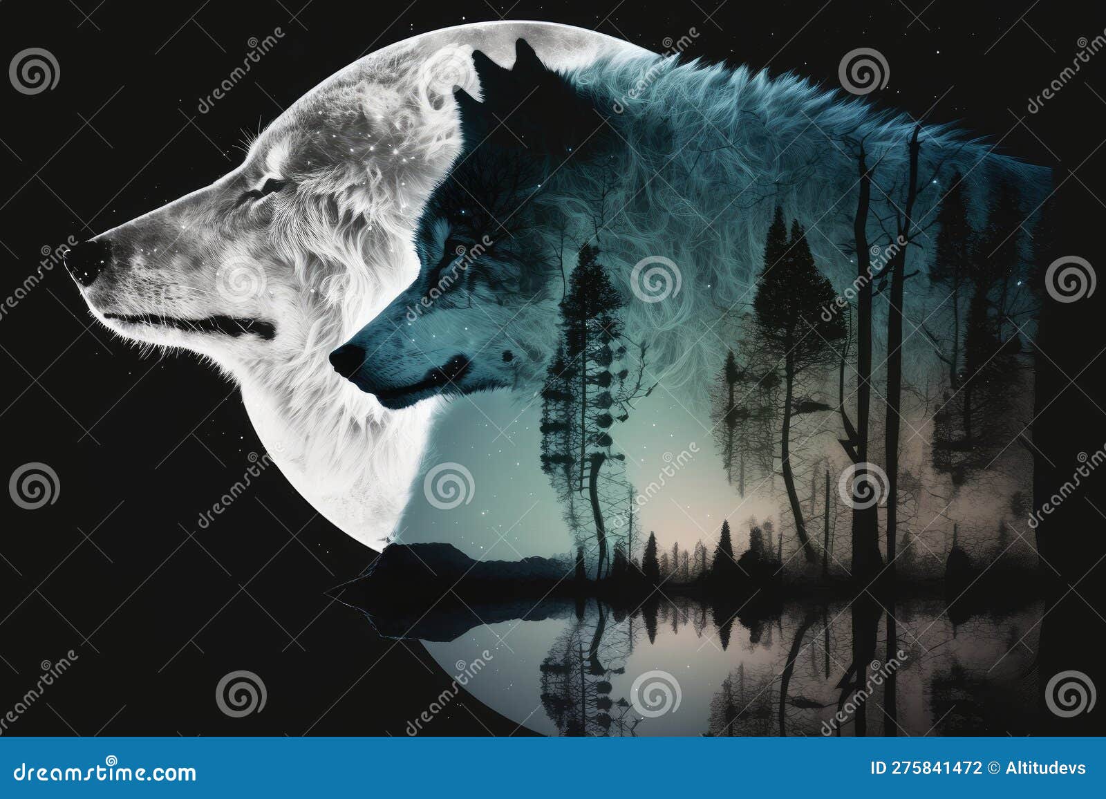 Double Exposure of Wolf and Moon, with the Contrast between Nature and ...