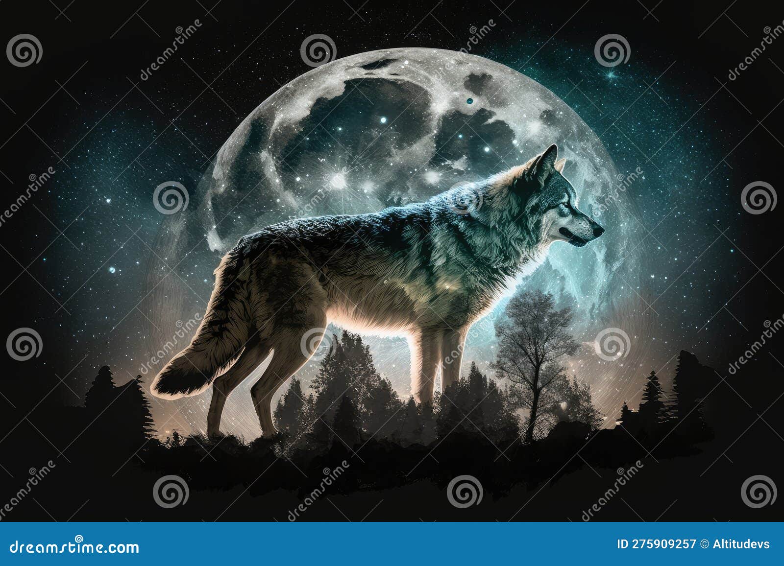 Double Exposure of Wolf with Moon in the Night Sky Stock Illustration ...