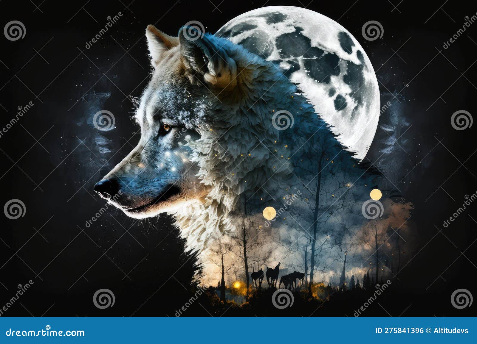 Double Exposure of Wolf with Moon in the Night Sky Stock Illustration ...