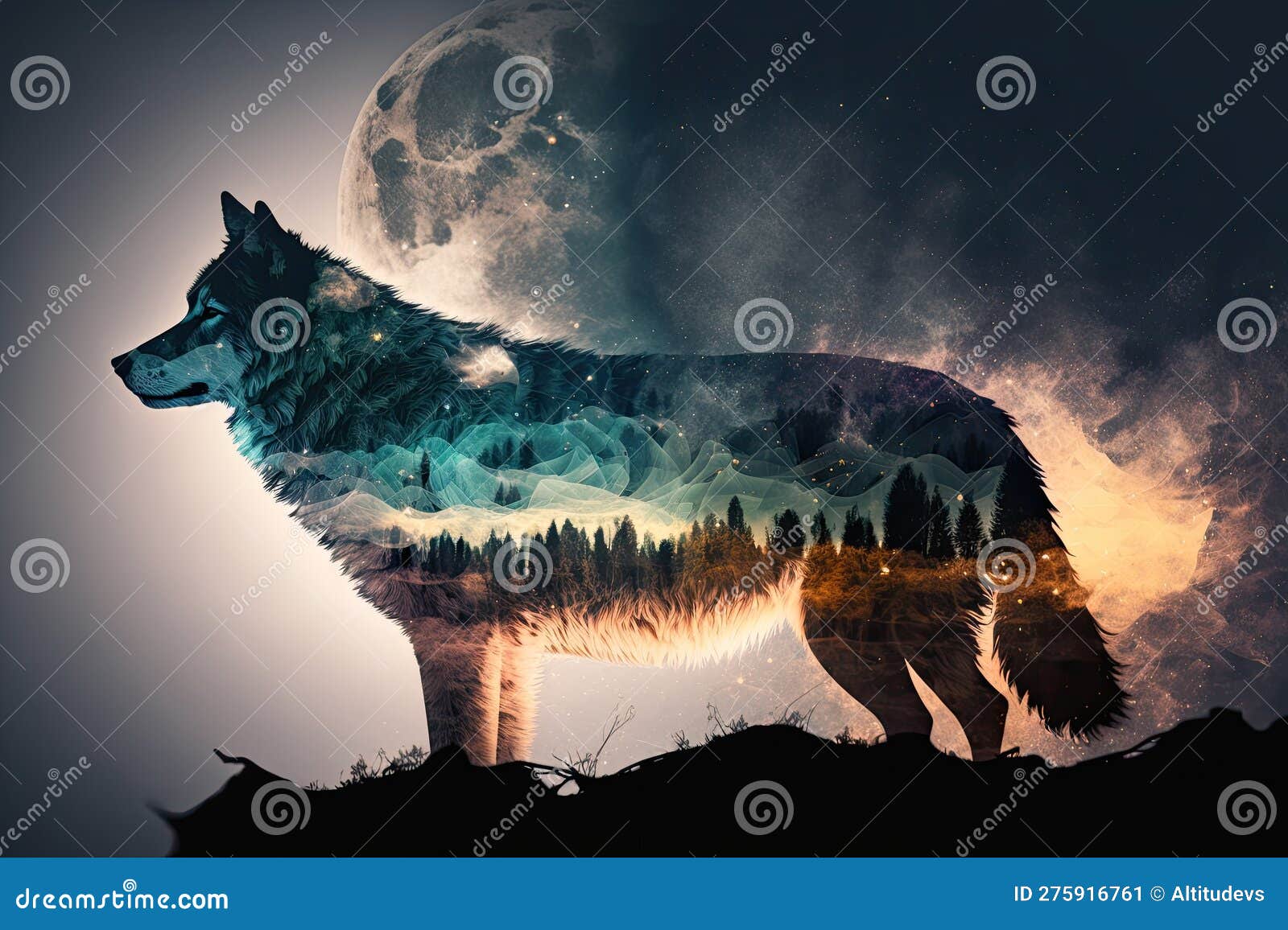Double Exposure of Wolf with Moon in the Sky Stock Image - Image of ...