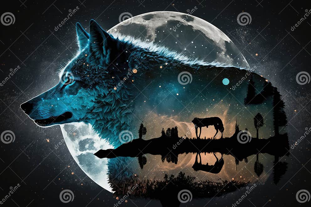 Double Exposure of Wolf with Moon in the Sky Stock Illustration ...
