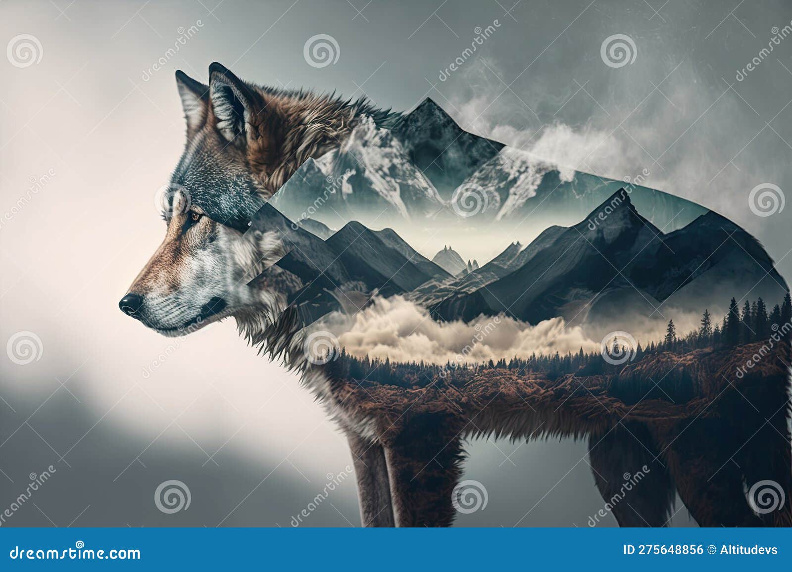 Double Exposure of Wolf and Mountain Landscape, with Misty Clouds Stock ...