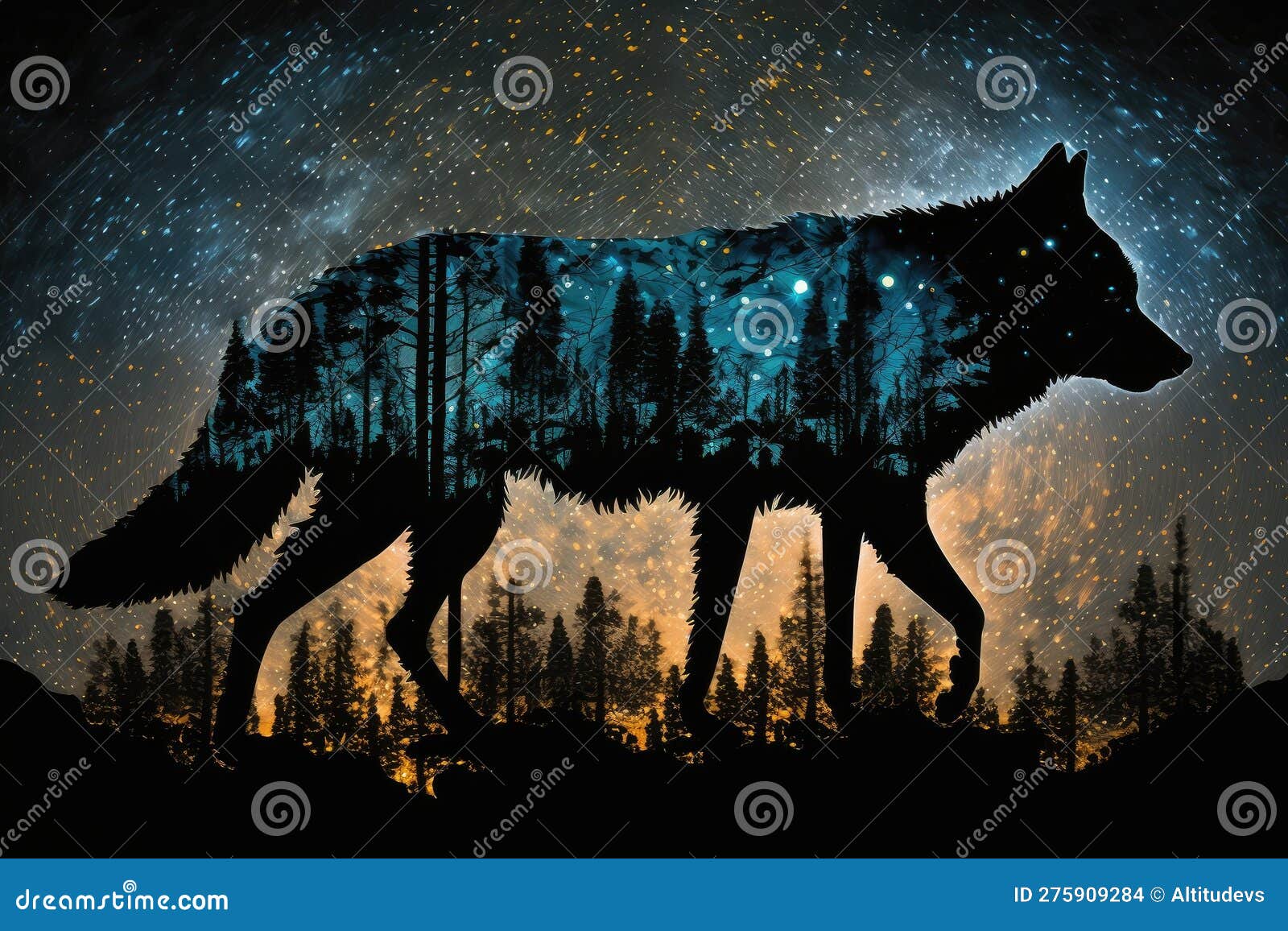 Double Exposure of Wolf Prowling through Forest, with View of the Night ...