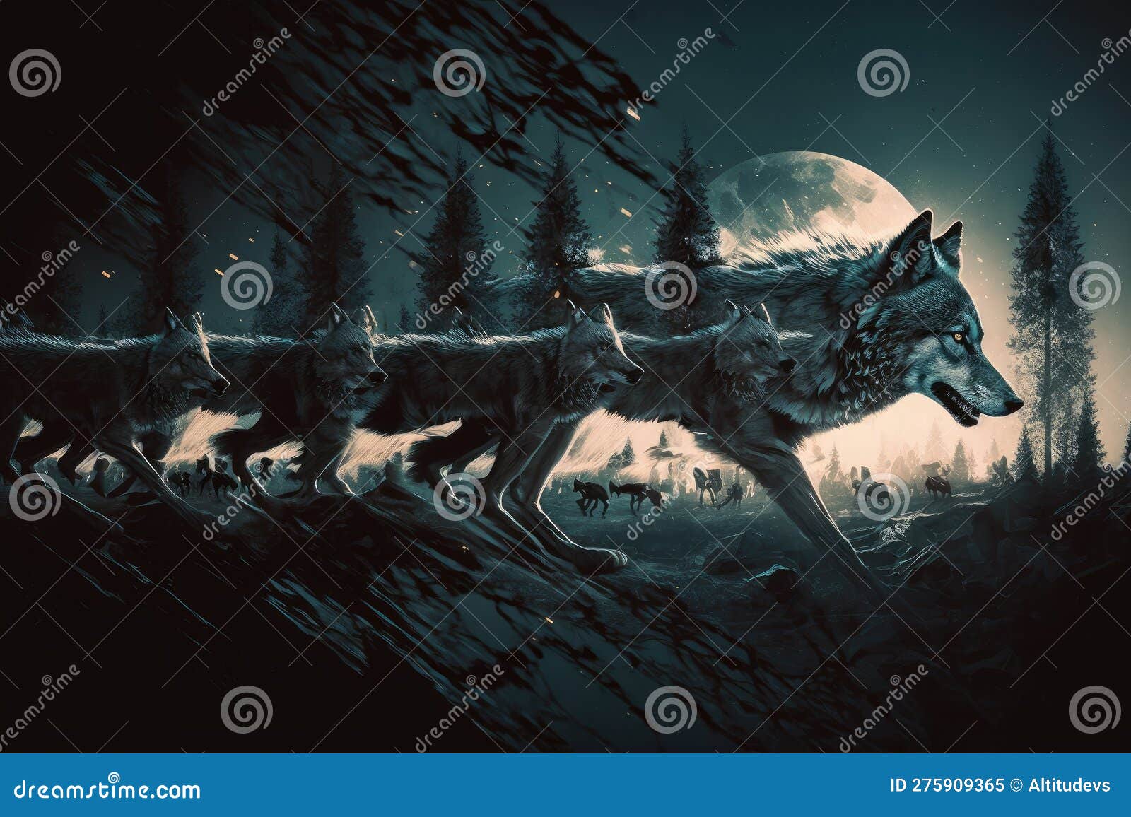 Double Exposure Of Wolf Running Through Forest And Pack Of Wolves