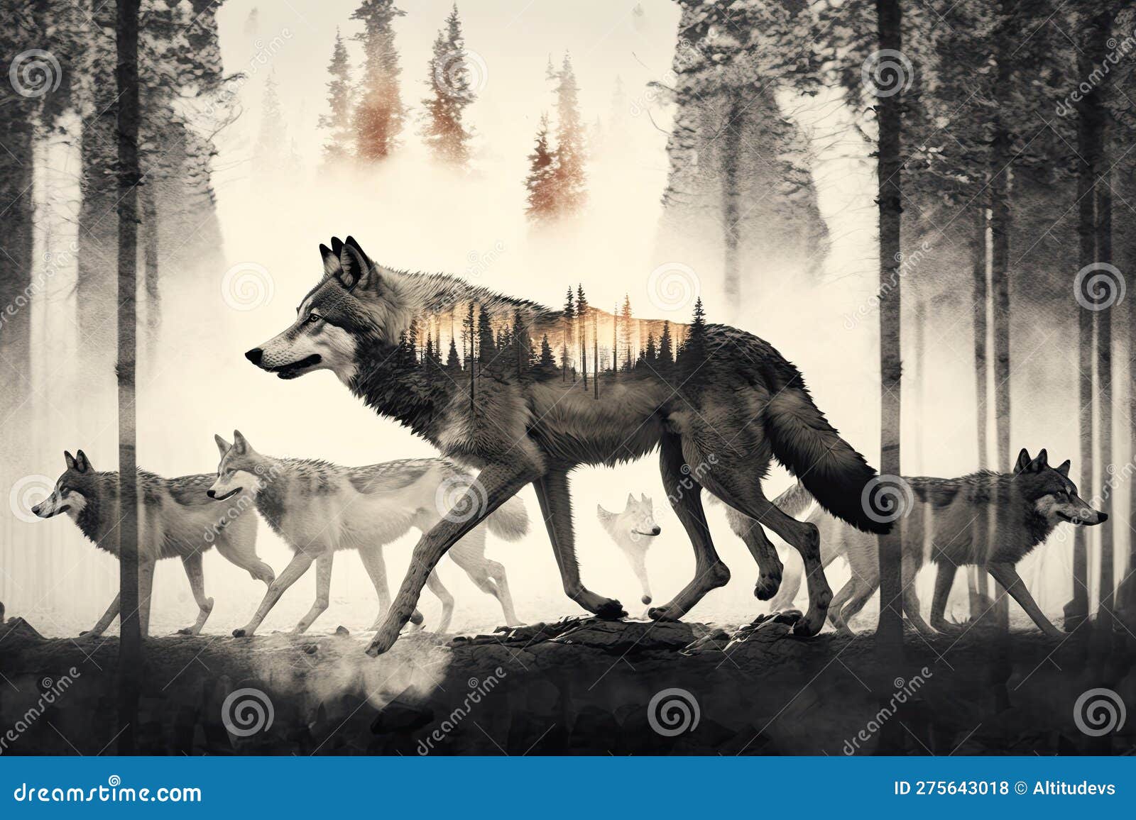 Double Exposure Of Wolf Running Through Forest And Pack Of Wolves