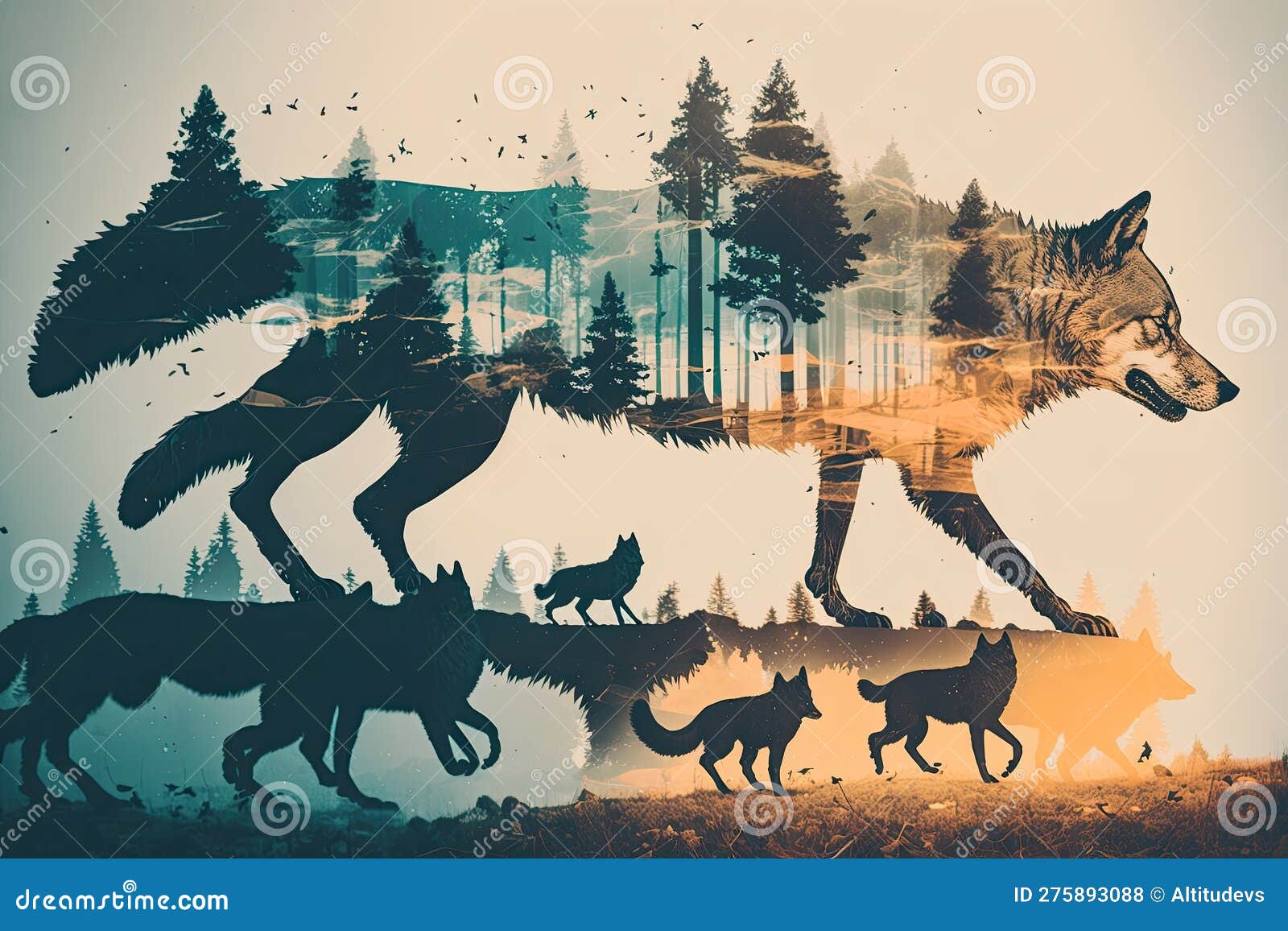 Double Exposure of Wolf Running through Forest and Pack of Wolves ...