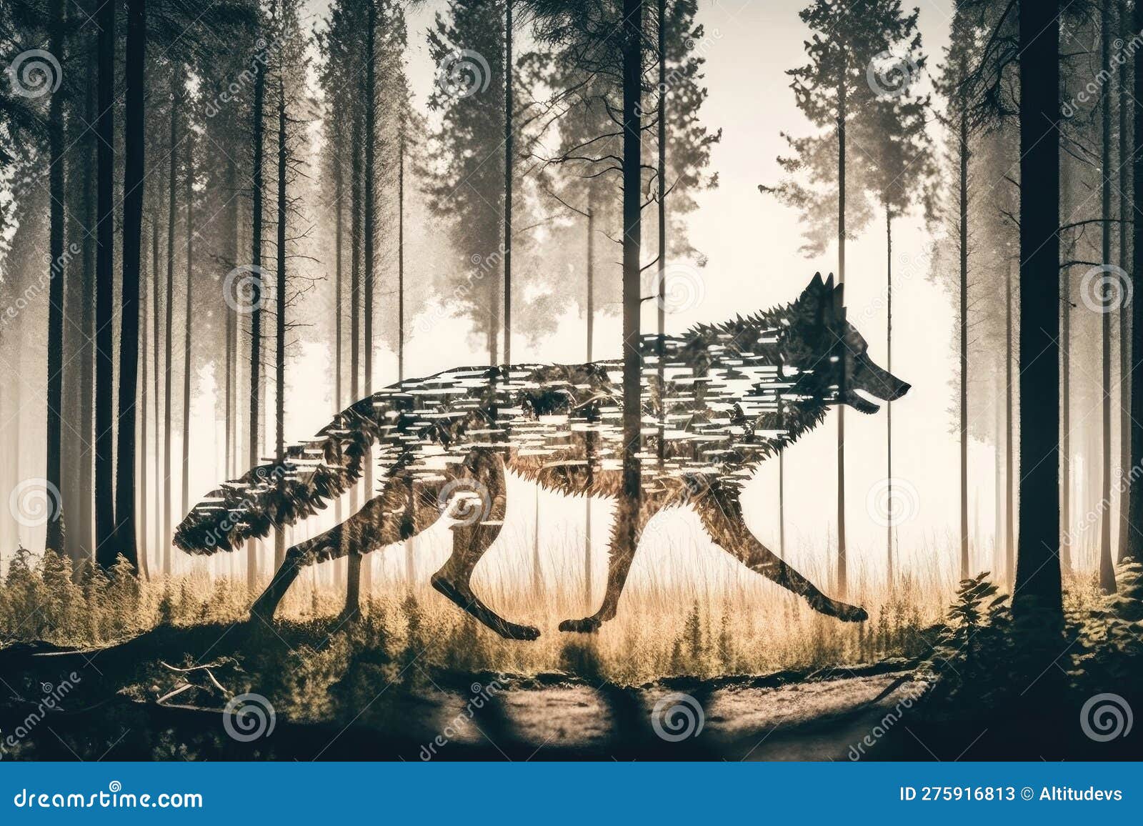 Double Exposure of Wolf Running through Forest, with the Trees in the ...