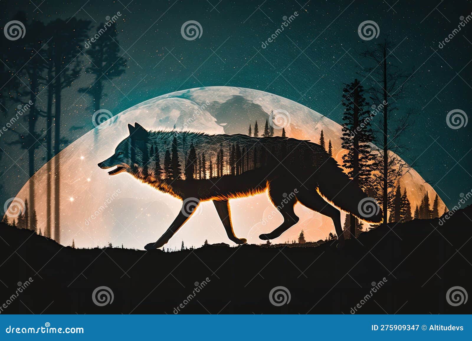 Double Exposure of Wolf Running through Forest, with View of the Moon ...