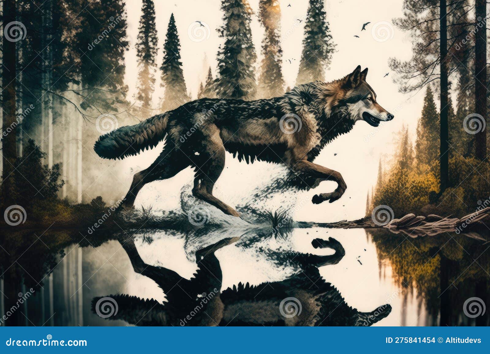 Double Exposure of Wolf Sprinting through Forest, with Trees and ...