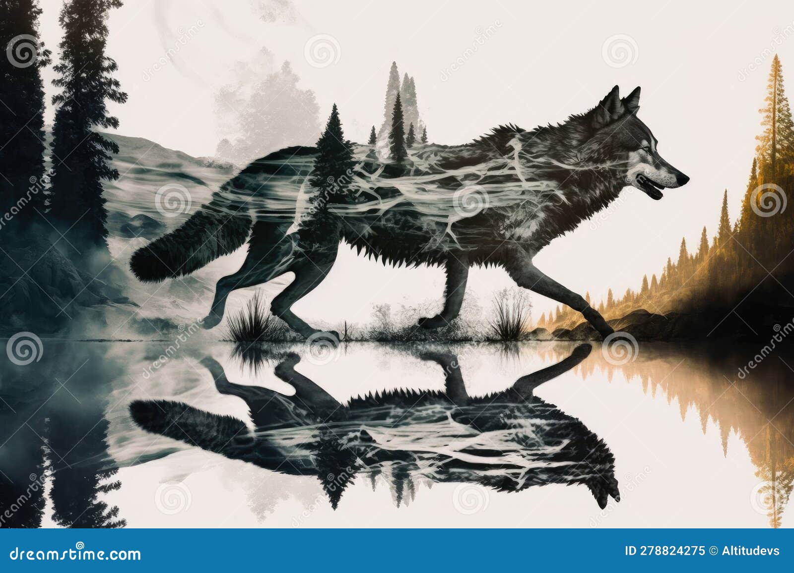 Double Exposure of Wolf Sprinting through Forest, with Trees and ...