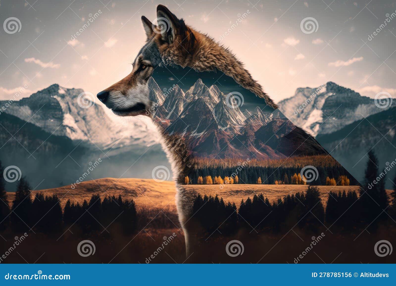 Double Exposure of Wolf Staring Out into the Distance, with Majestic ...