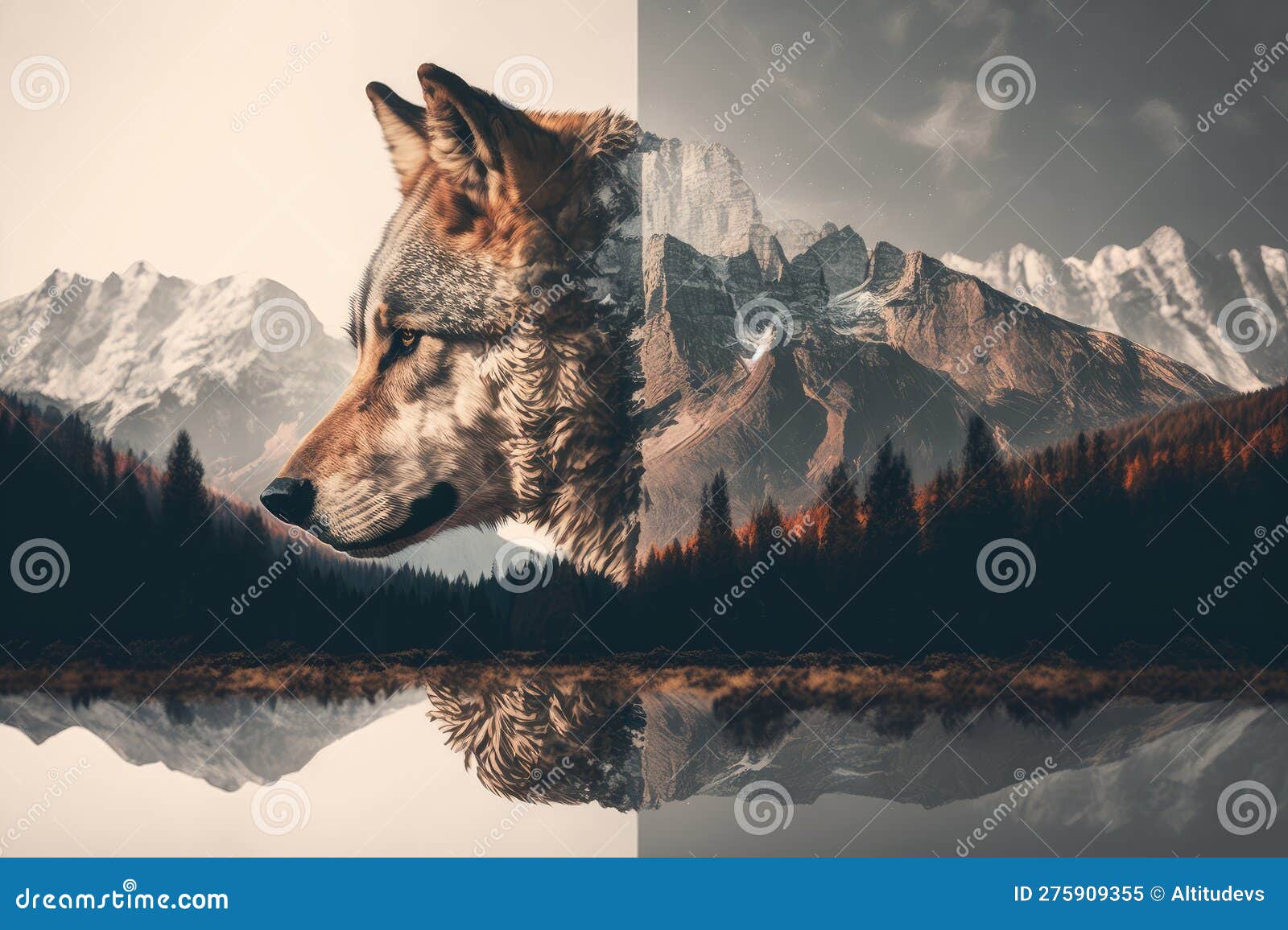 Double Exposure of Wolf Staring Out into the Distance, with Majestic ...