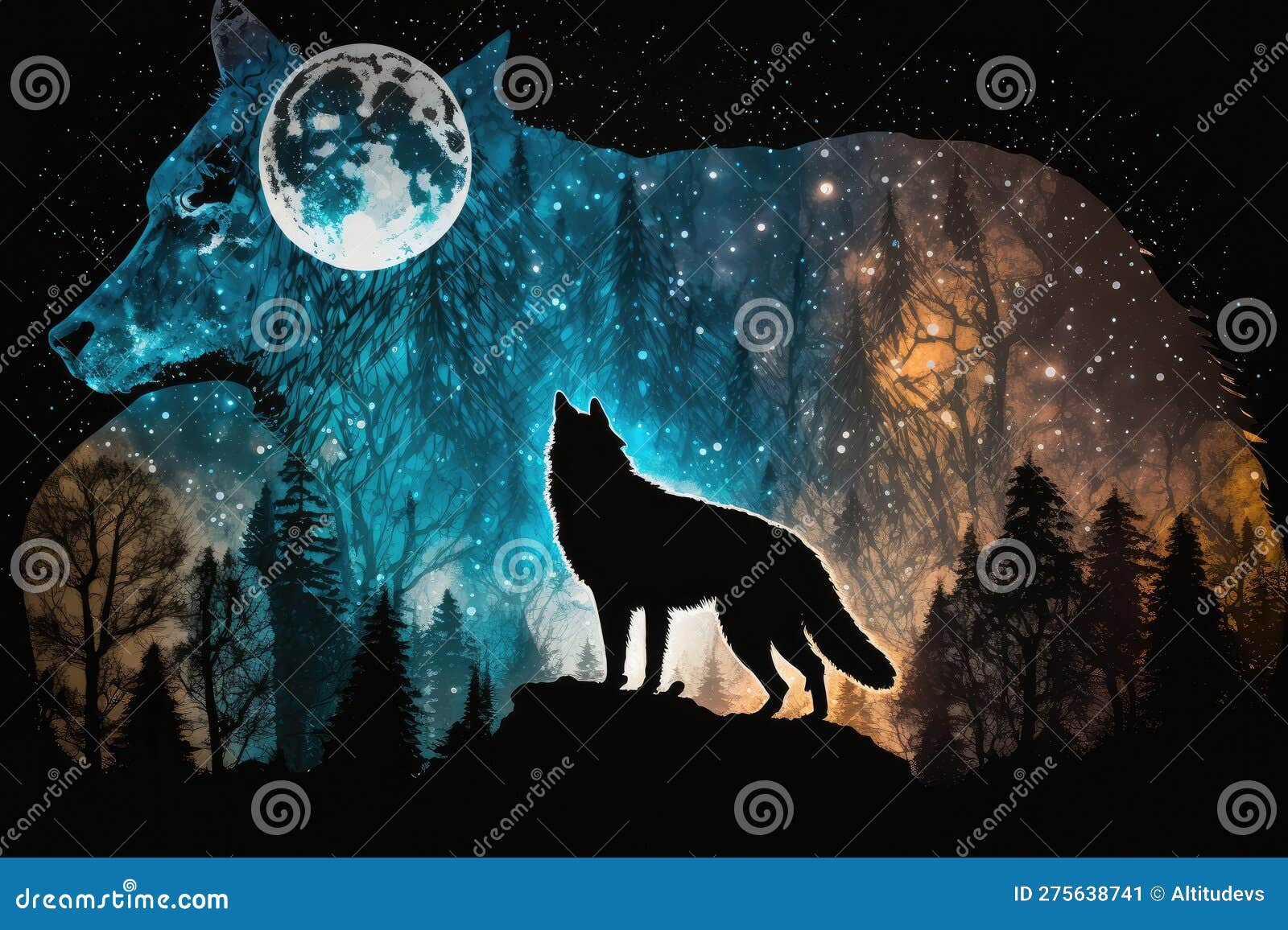 Double Exposure of Wolf and Starry Sky, with the Full Moon Shining ...