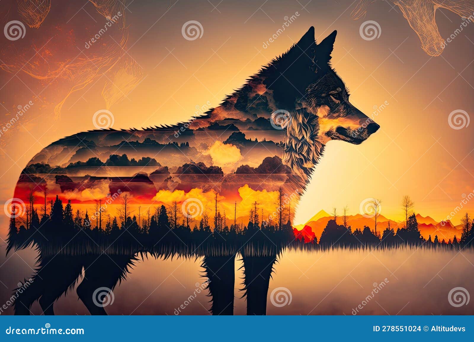 Double Exposure of Wolf and Sunrise, with Fiery Orange Sky and Clouds ...
