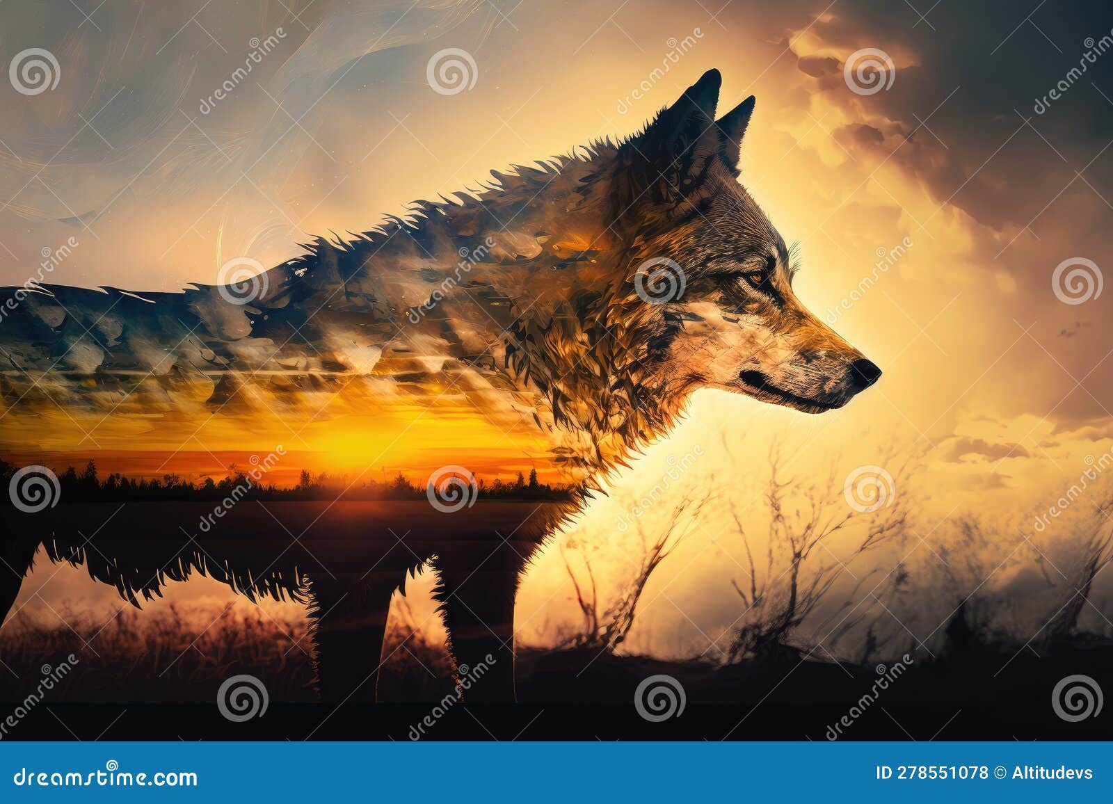 Double Exposure of Wolf and the Sunset, with Rays of Light Shining ...