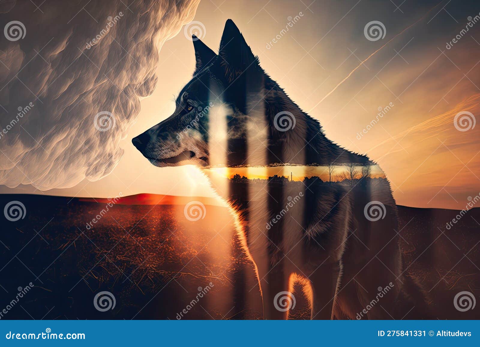 Double Exposure of Wolf and the Sunset, with Rays of Light Shining ...