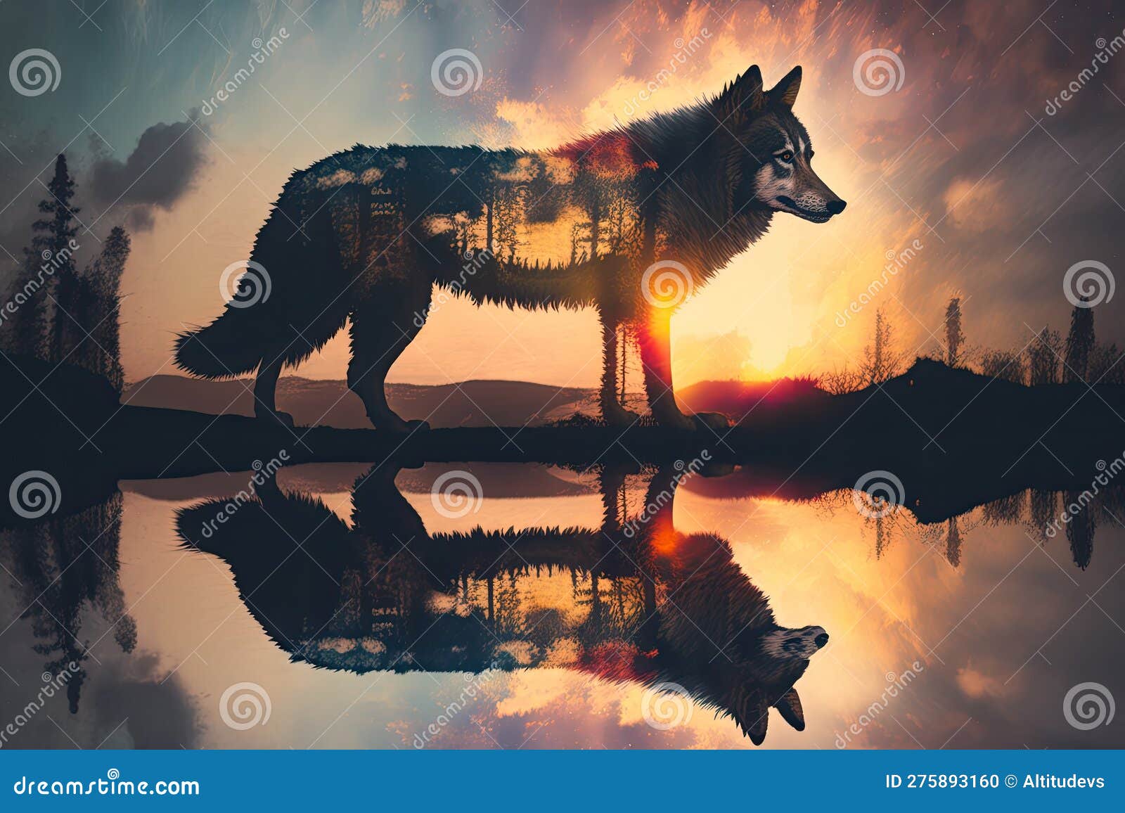 Double Exposure of Wolf and the Sunset, with Rays of Light Shining ...
