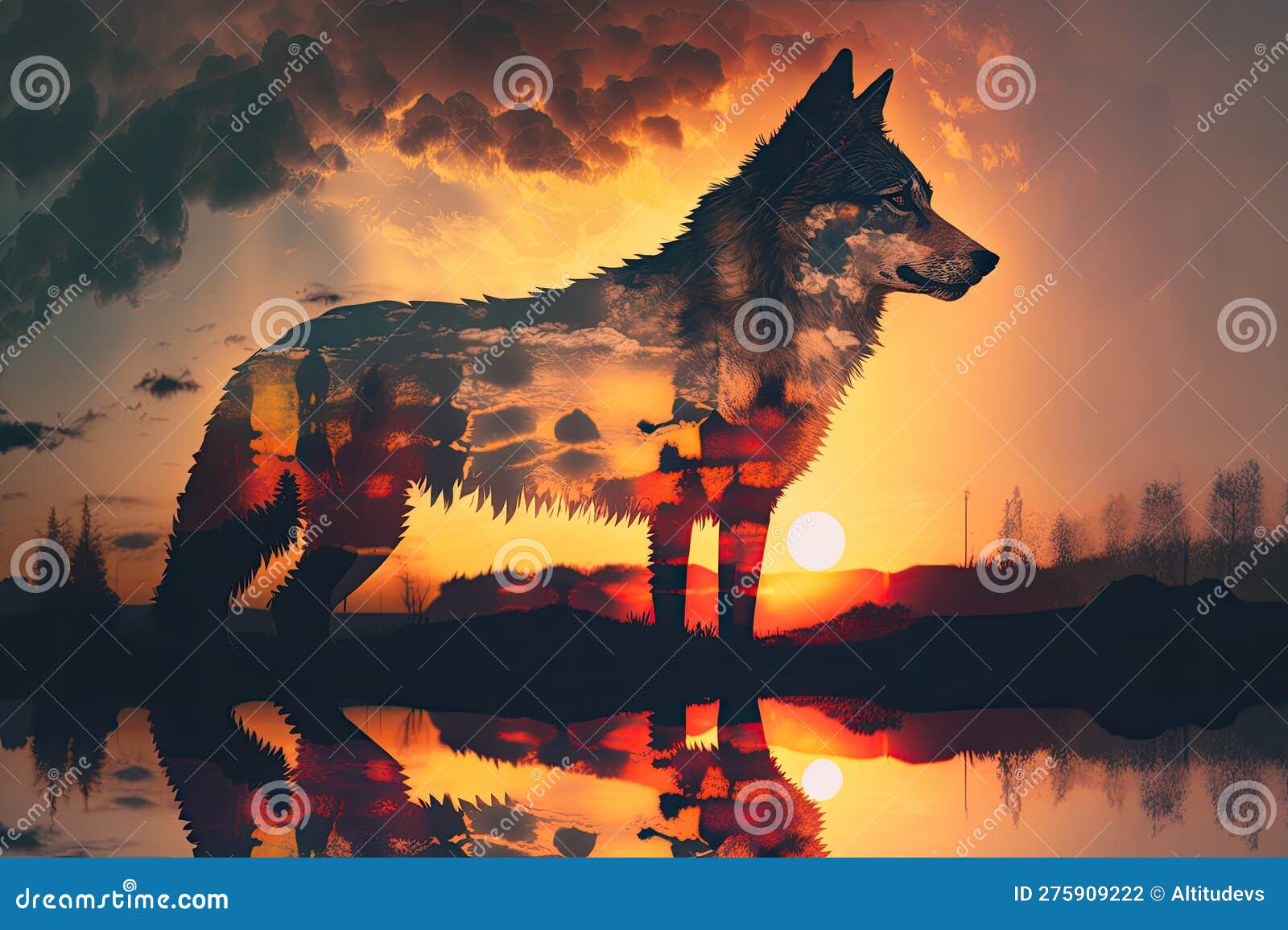 Double Exposure of Wolf and the Sunset, with Rays of Light Shining ...