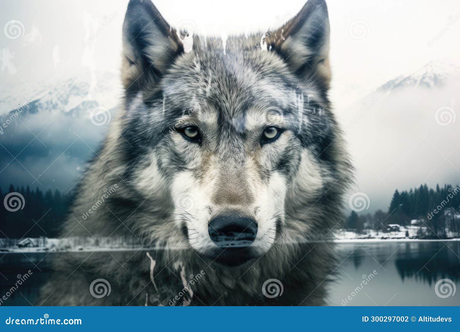 Double Exposure of a Wolfs Face and Snowy Mountain Peaks Stock Photo ...