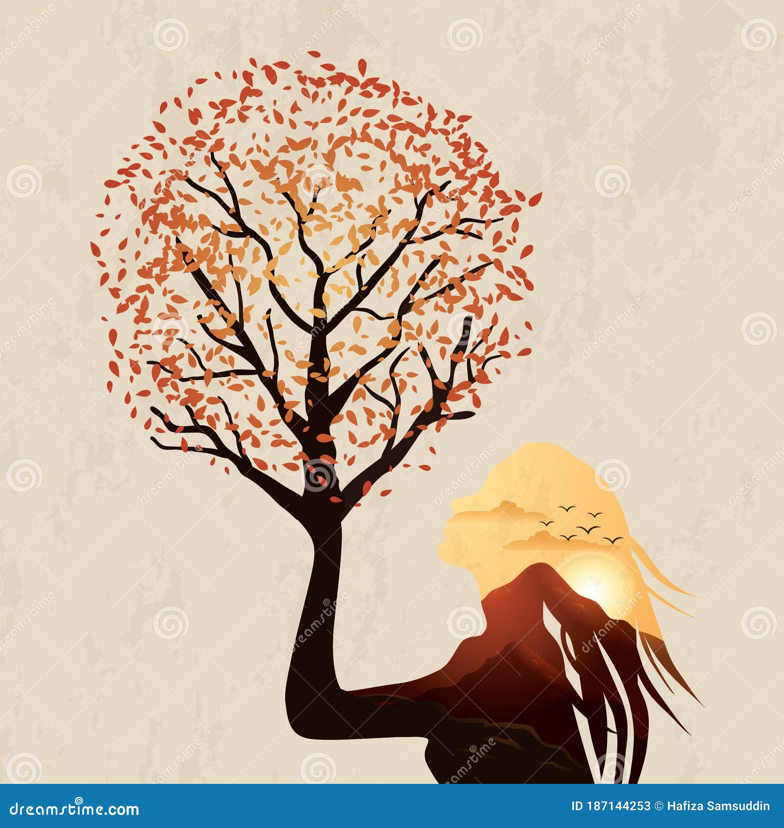 Double Exposure Woman and Sunset. Vector Illustration Decorative Design ...