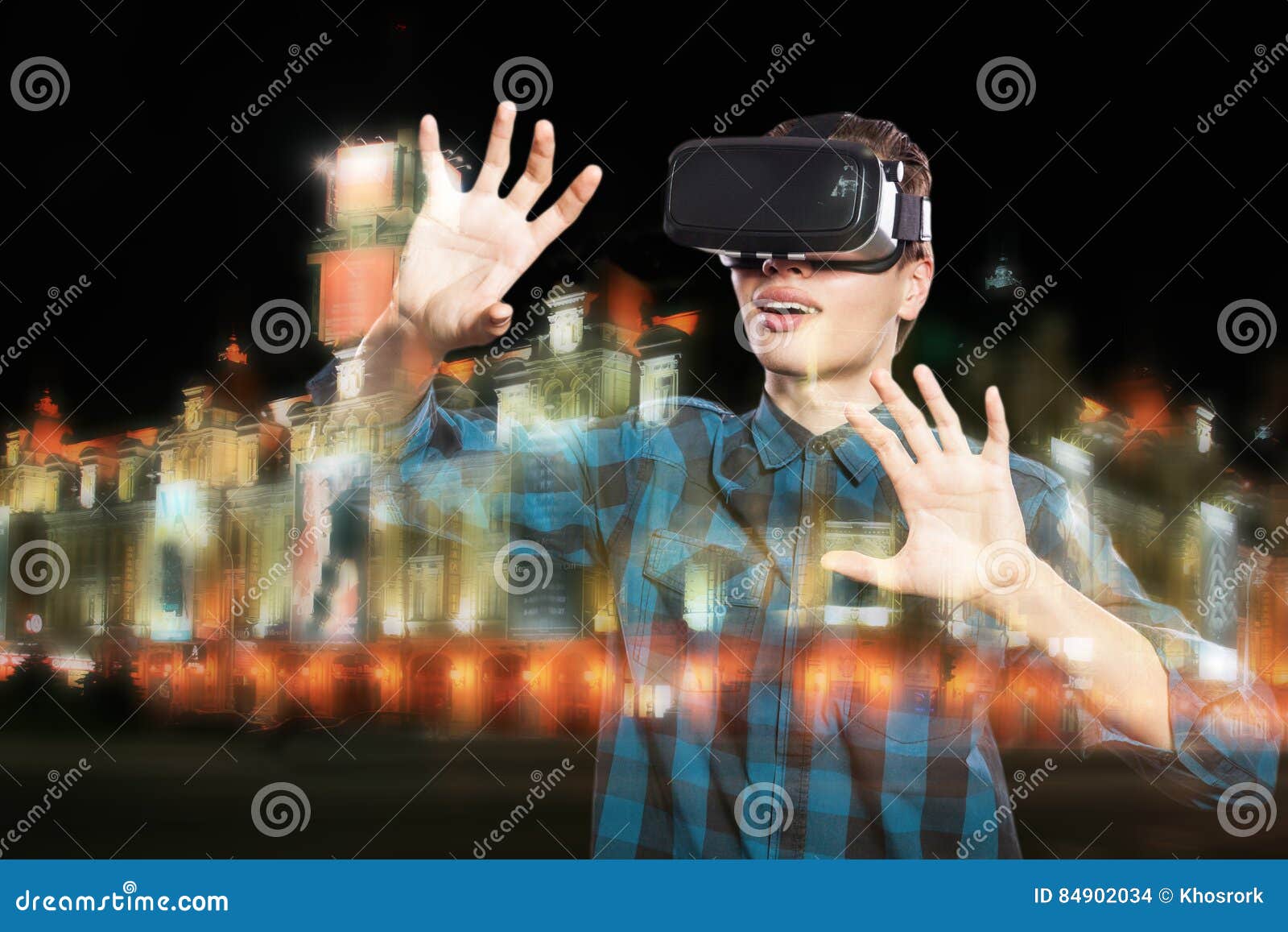 Double Exposure of Young Man Using VR Headset Glasses for Virtual ...