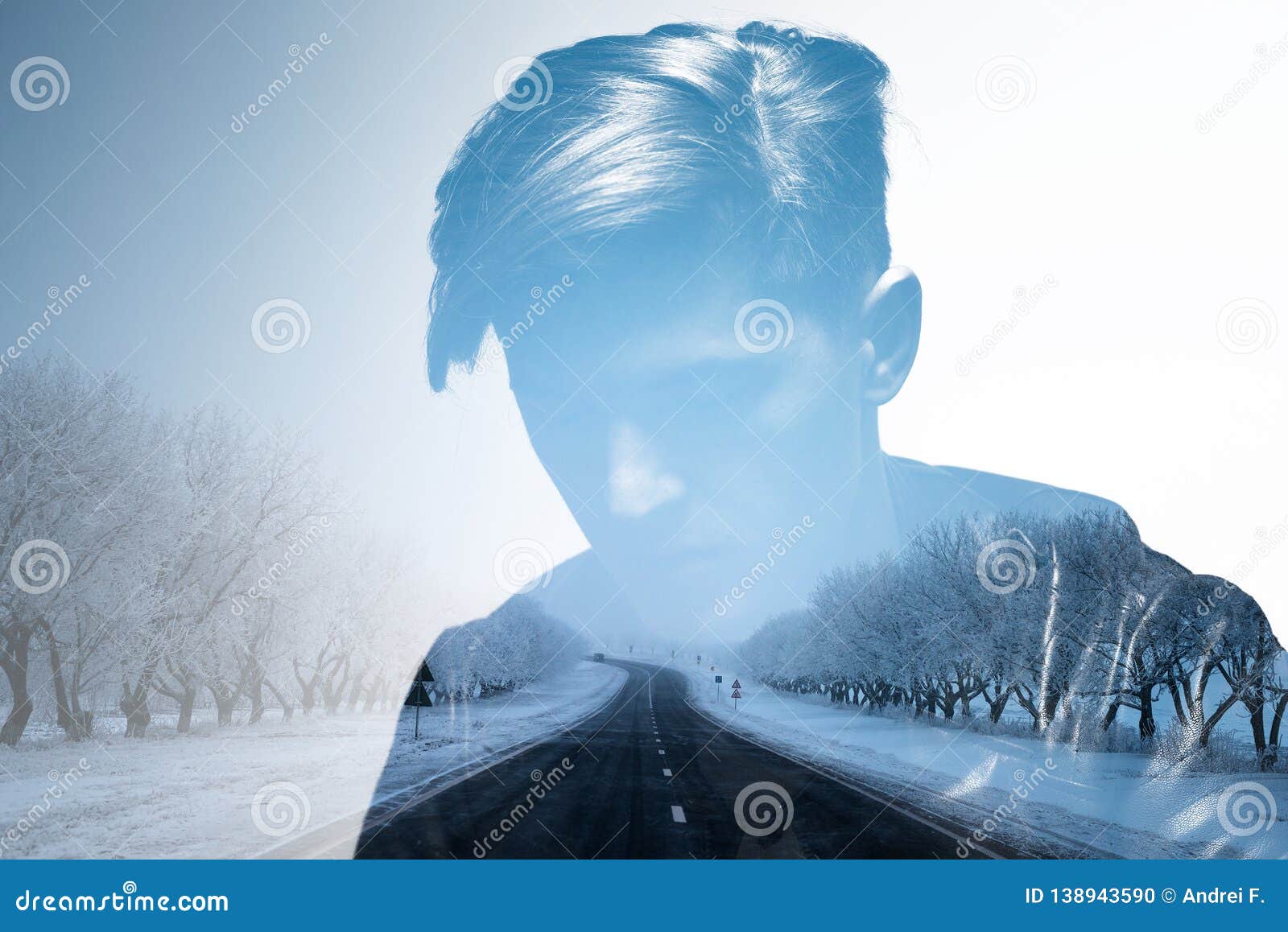 Double Exposure of Young Pensive Guy and One Road. Stock Photo - Image ...