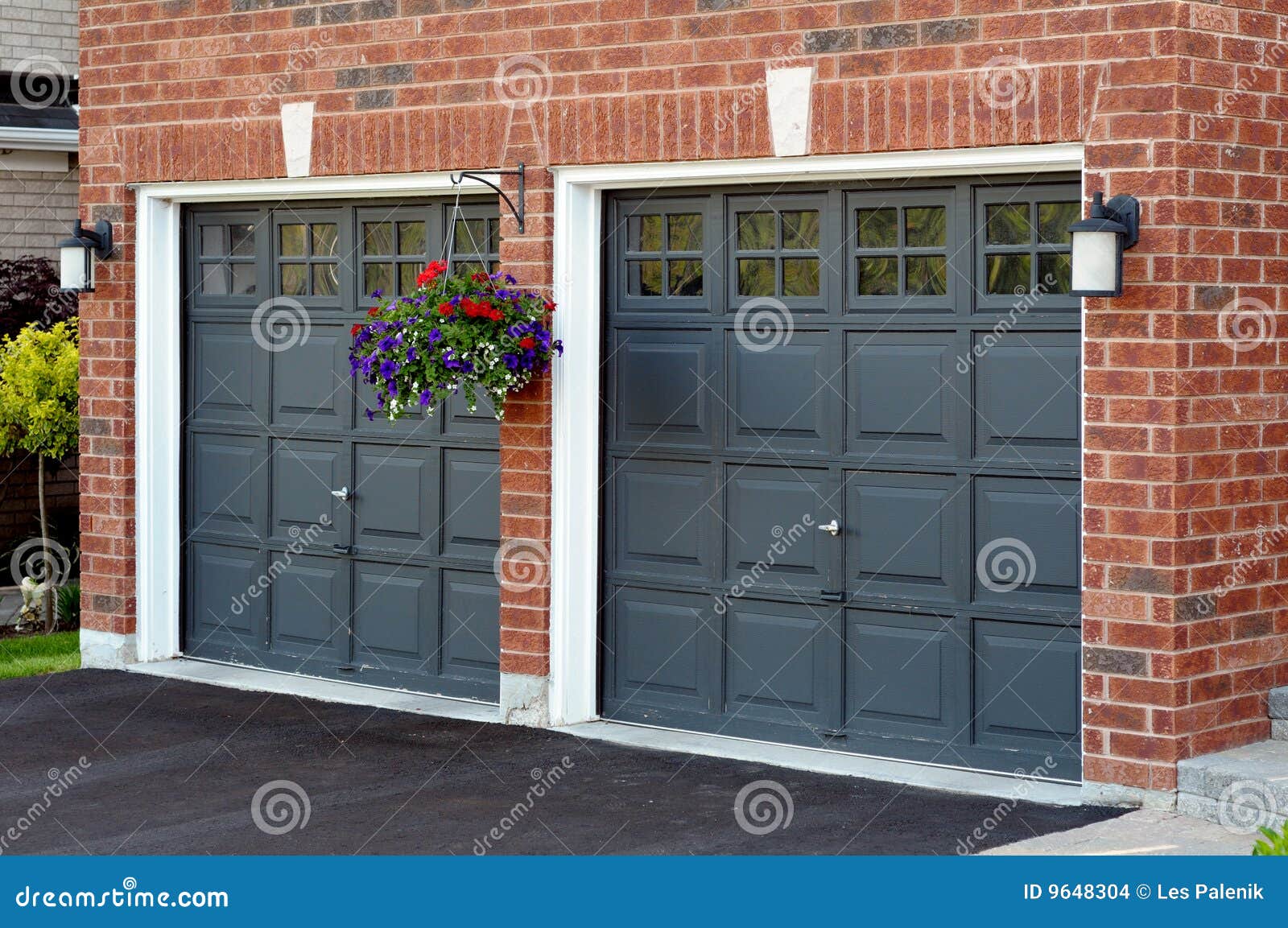 Double Garage with Flower Pot Stock Photo - Image of gate, building ...