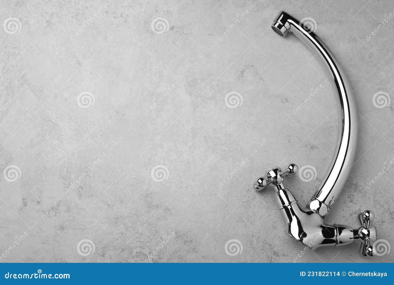 Double Handle Water Tap on Grey Table, Top View. Space for Text Stock ...
