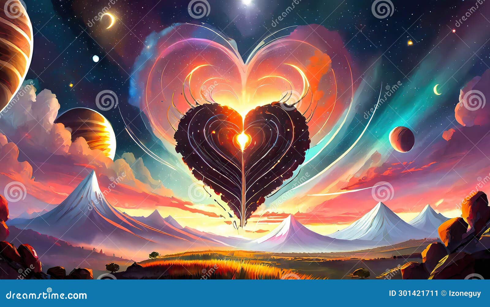 A Double Heart Flowing in Space with Planets Stock Illustration ...