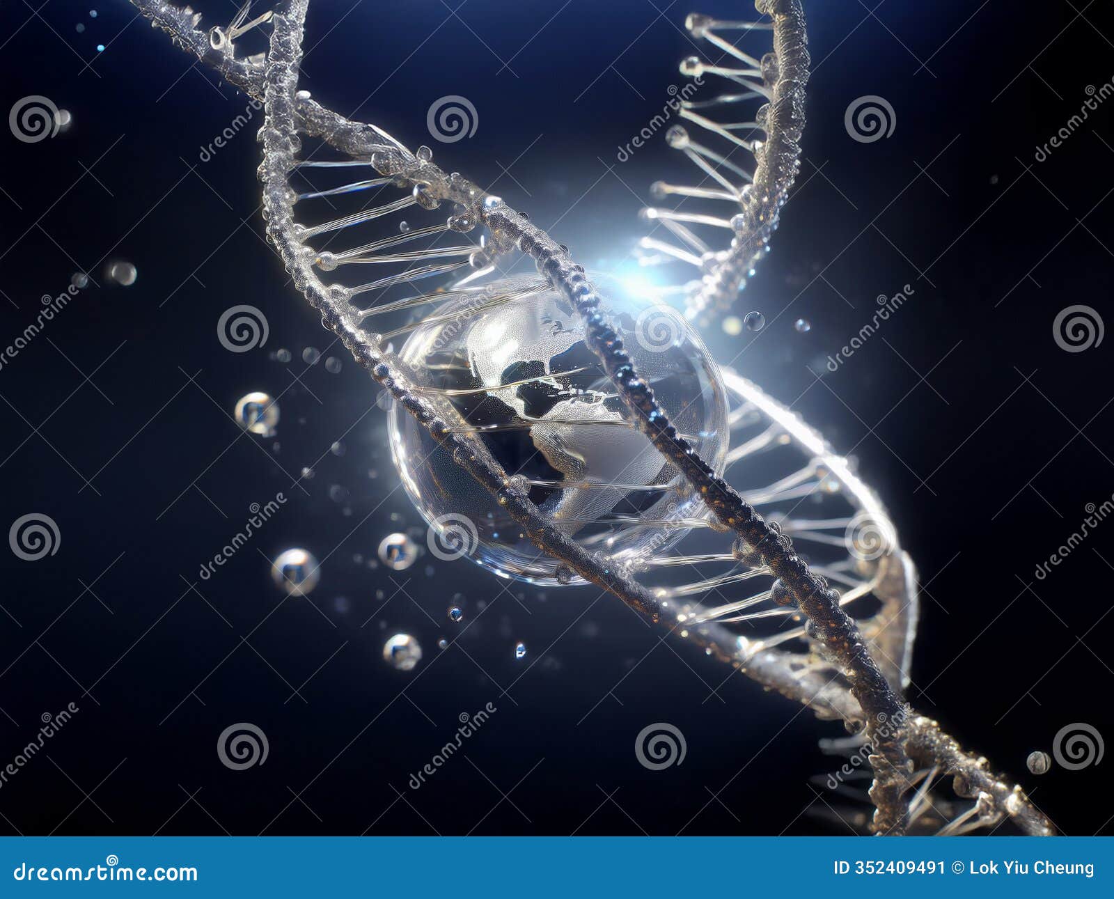 A Double Helix DNA Strand, Shimmering Silver, Encloses a Translucent ...