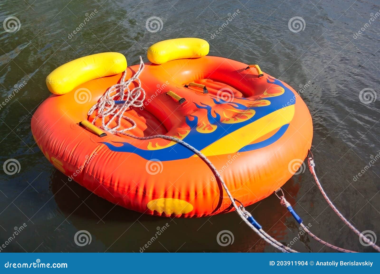 Double Inflatable Raft of Orange Color on the Water Surface. Stock ...