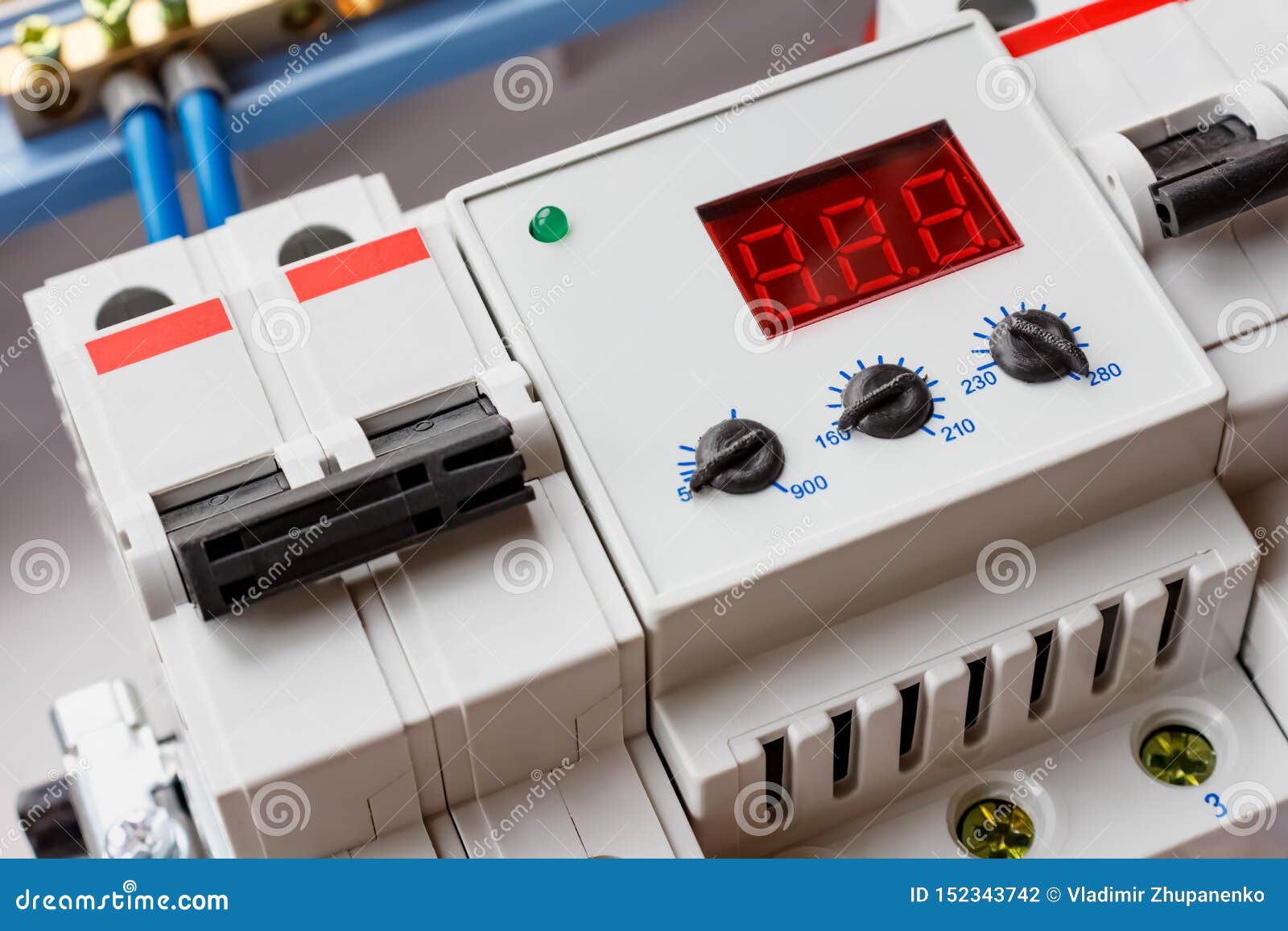 Double Input Automatic Circuit Breaker and Voltage Limiter Closeup in ...