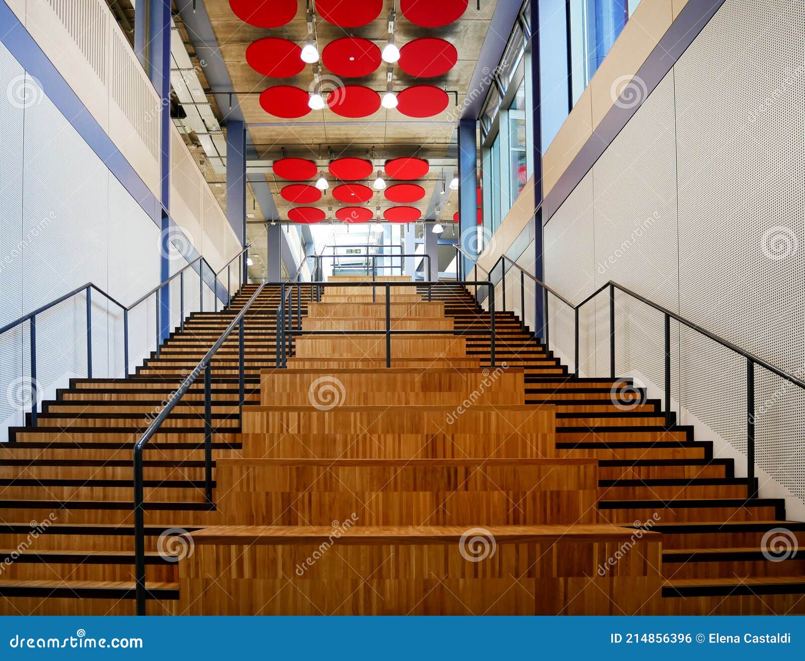 Double Internal Wooden Staircase With Metal Handrail Stock Photo ...