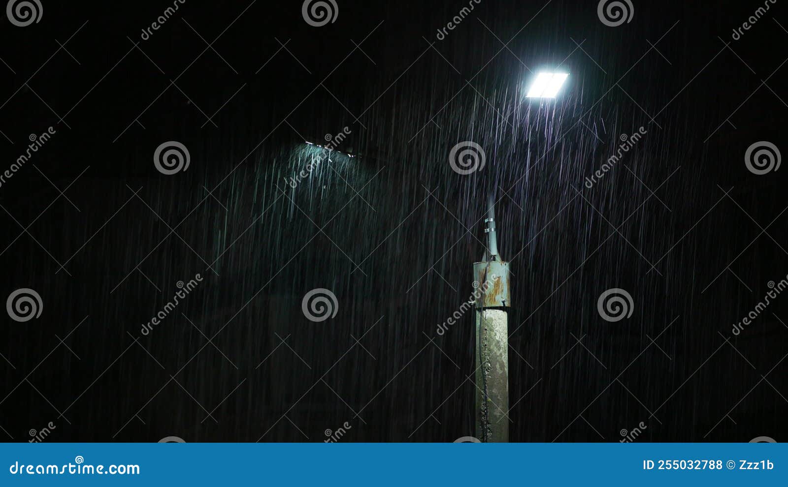 Double Led Panel Lamppost Under Heavy Rain at Night. Midsize View of ...