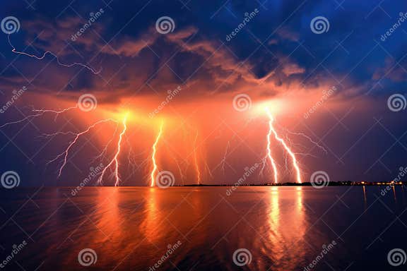 Double Lightning Bolts Striking the Ocean Simultaneously Stock ...