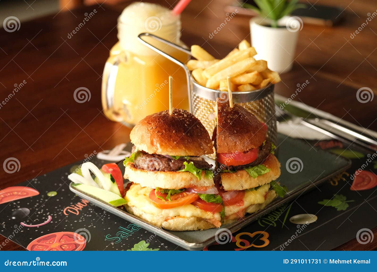 Double Meat Burger with Fried Onion Rings Stock Image - Image of ...