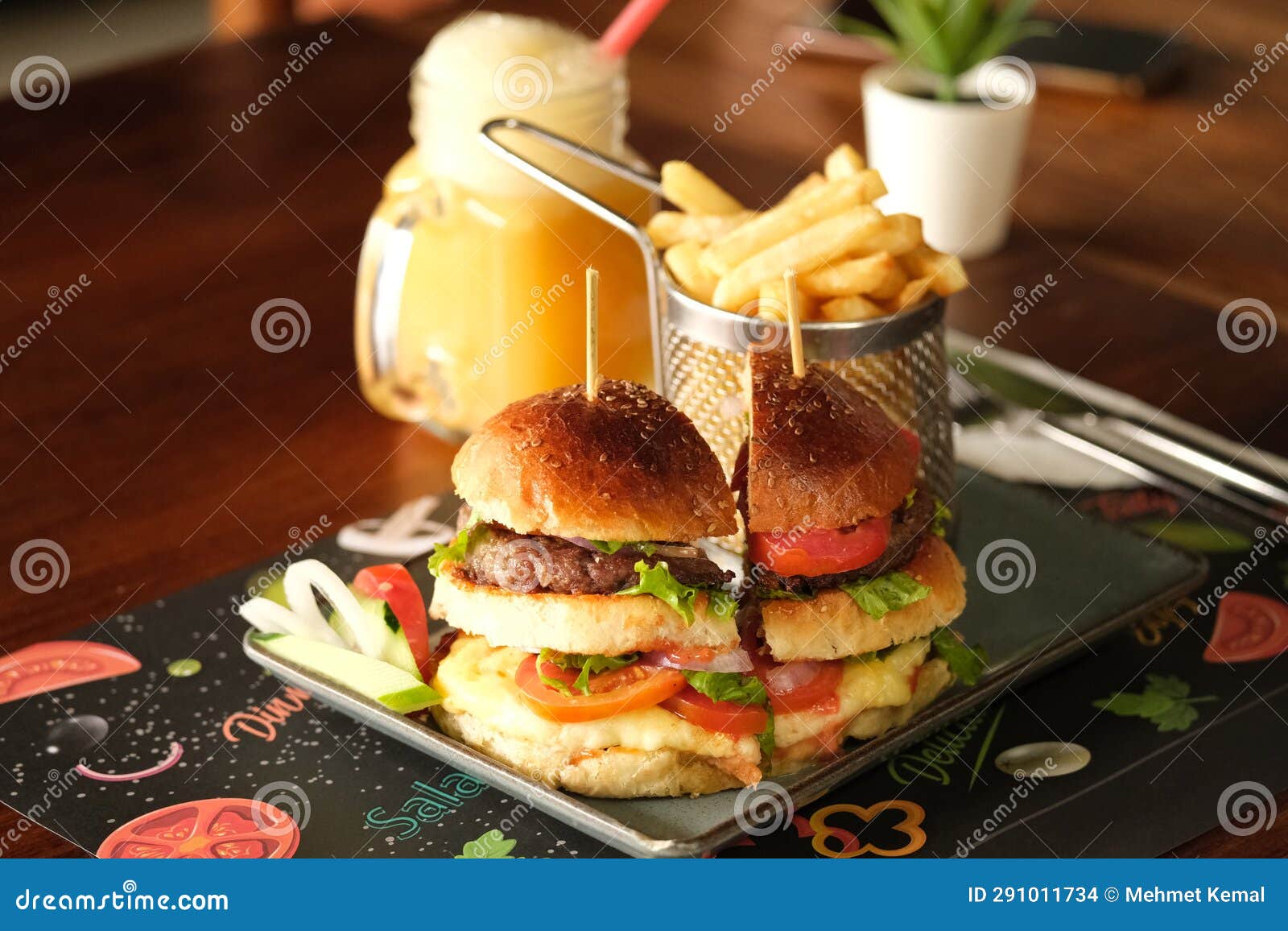 Double Meat Burger with Fried Onion Rings Stock Photo - Image of ...