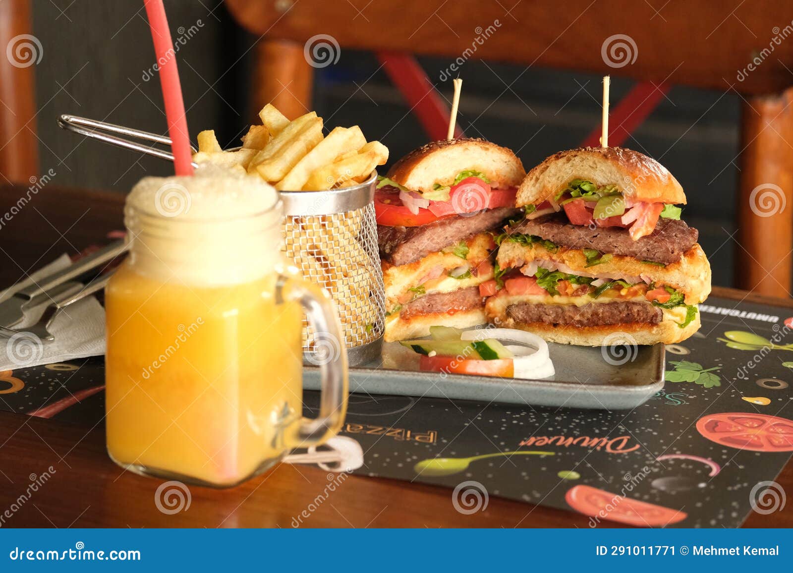 Double Meat Burger with Fried Onion Rings Stock Image - Image of meat ...