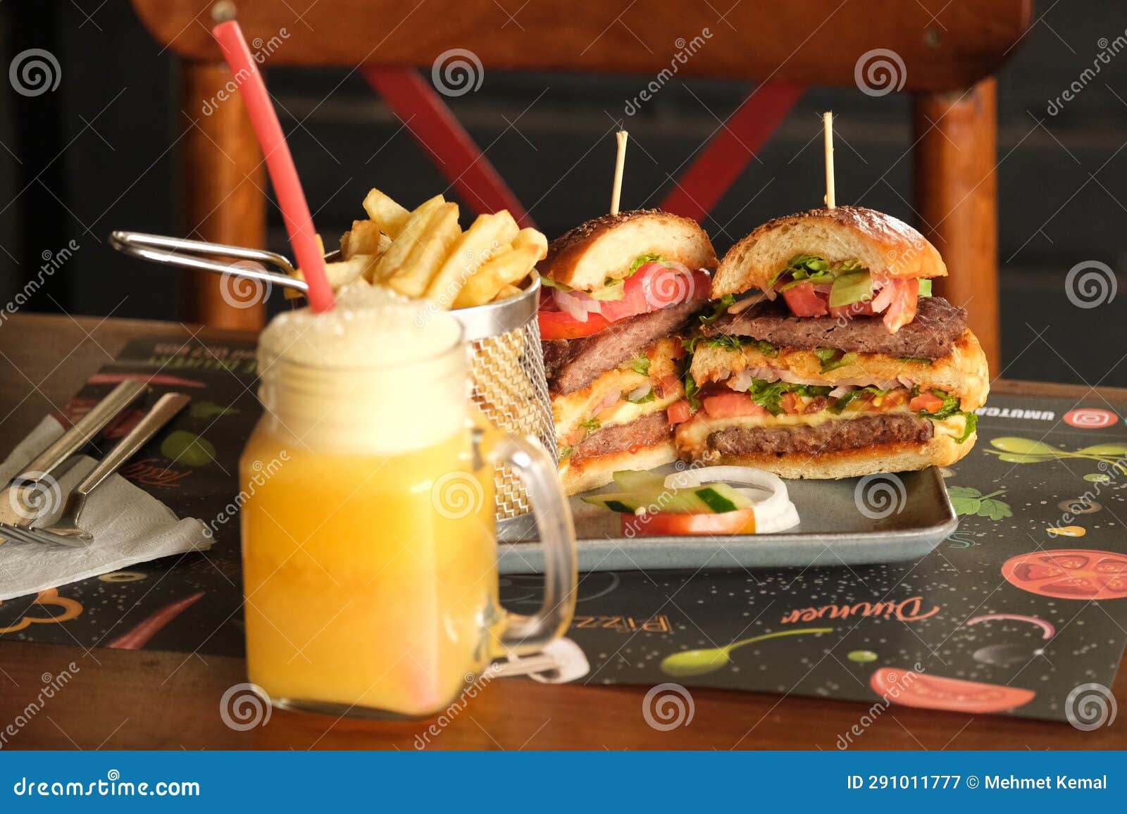 Double Meat Burger with Fried Onion Rings Stock Image - Image of ...