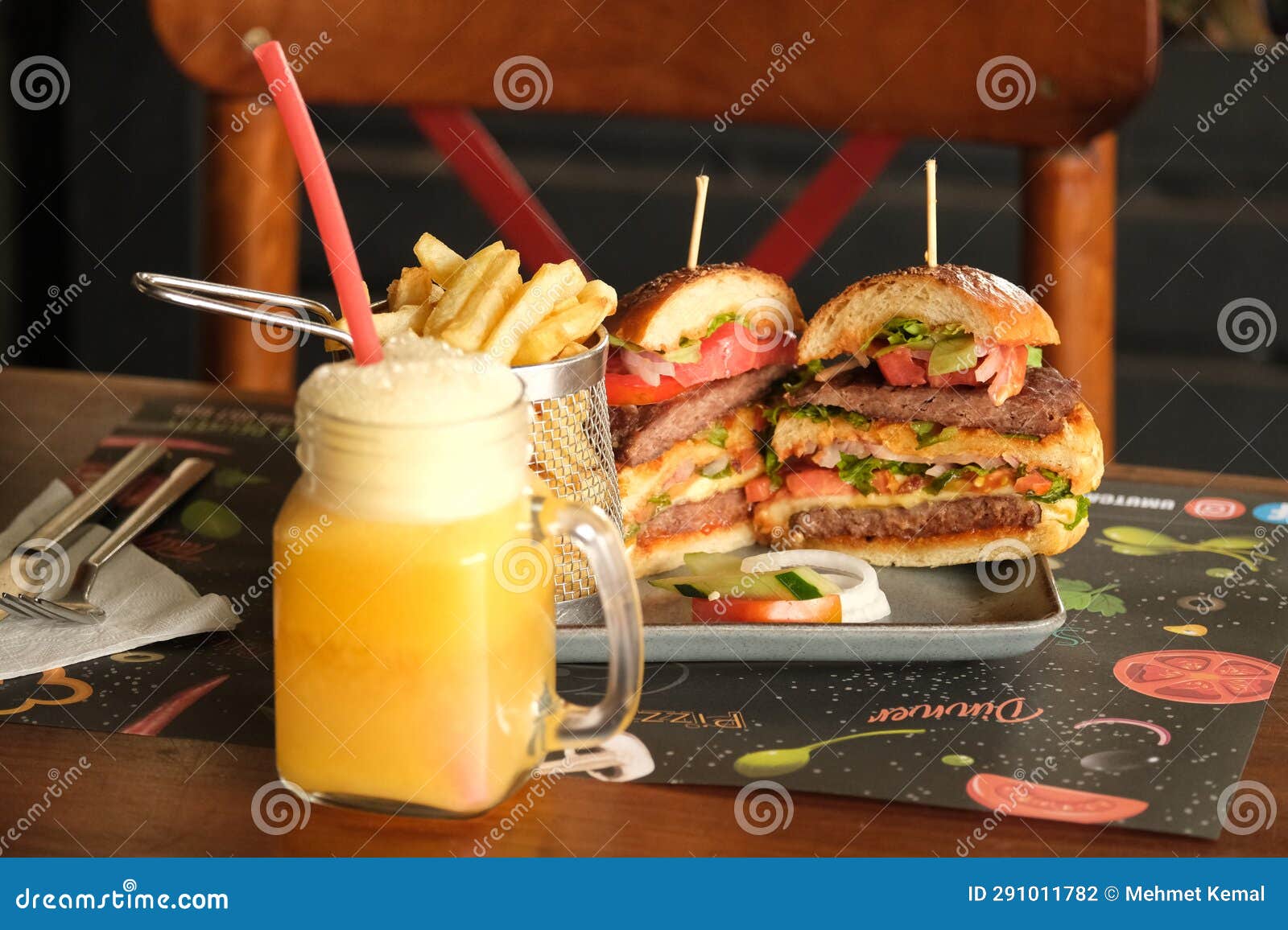 Double Meat Burger with Fried Onion Rings Stock Photo - Image of ...