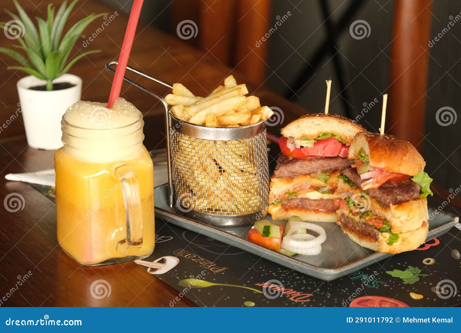 Double Meat Burger with Fried Onion Rings Stock Photo - Image of sesame ...