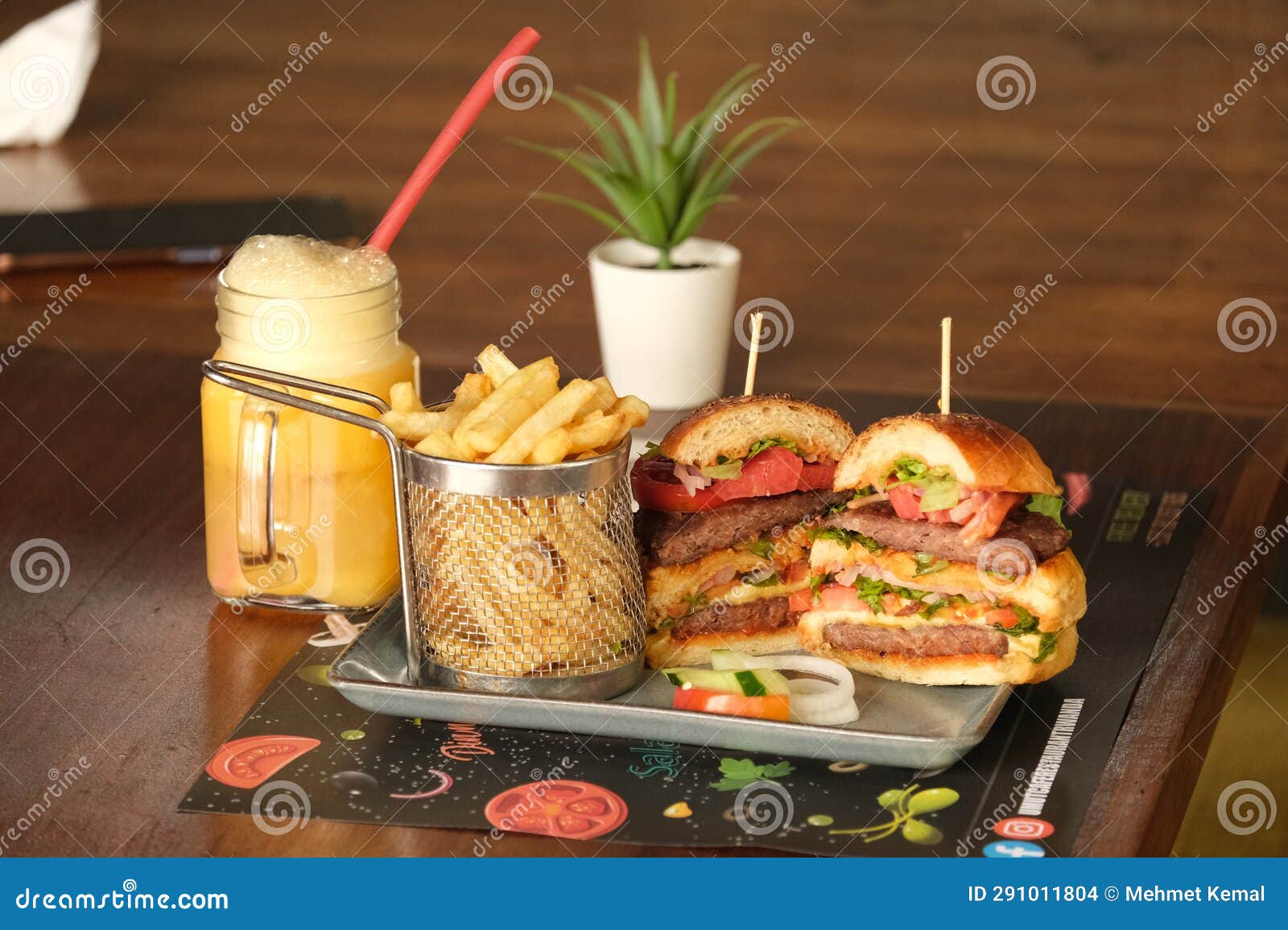 Double Meat Burger with Fried Onion Rings Stock Photo - Image of ...