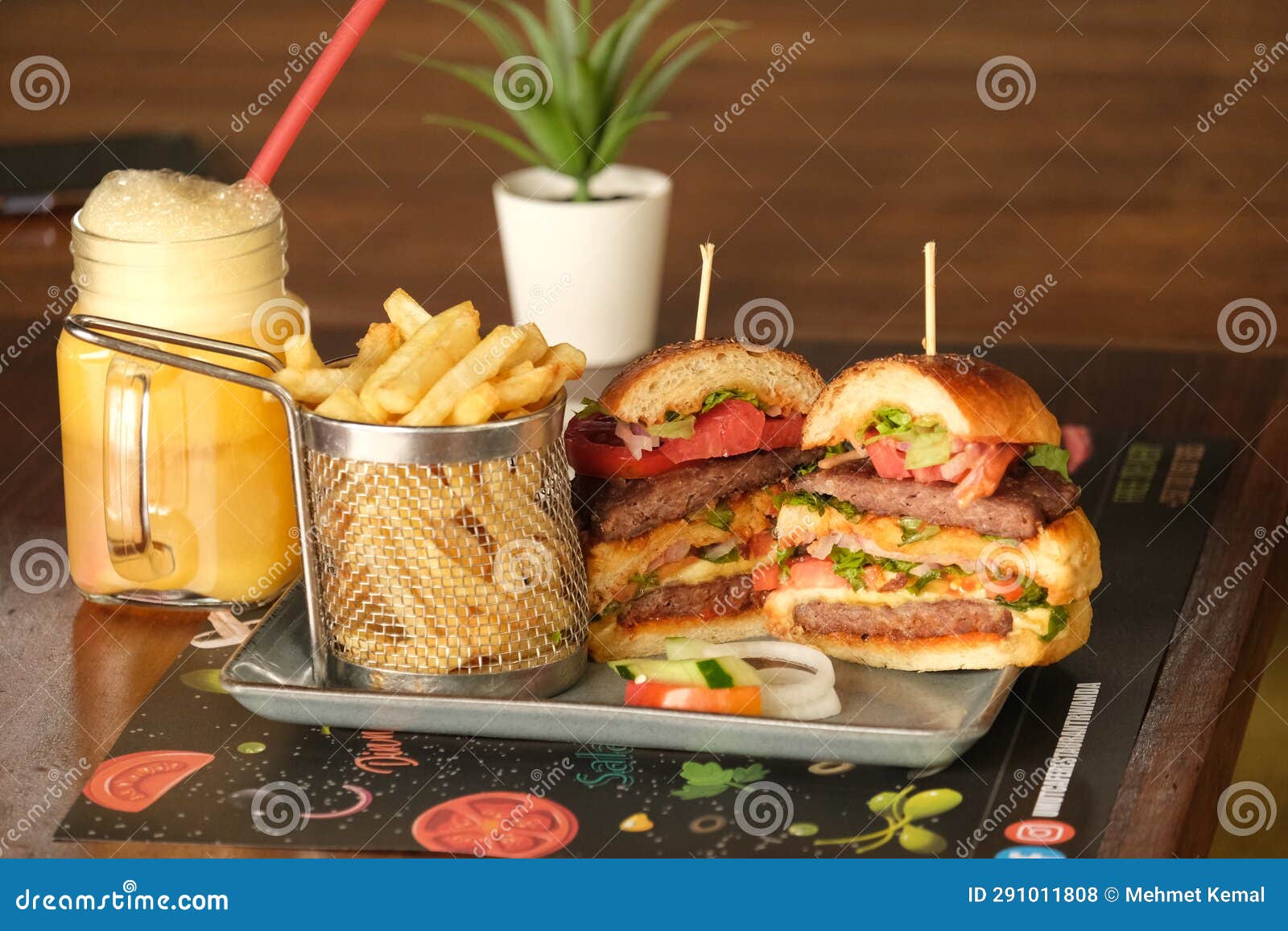 Double Meat Burger with Fried Onion Rings Stock Photo - Image of sesame ...