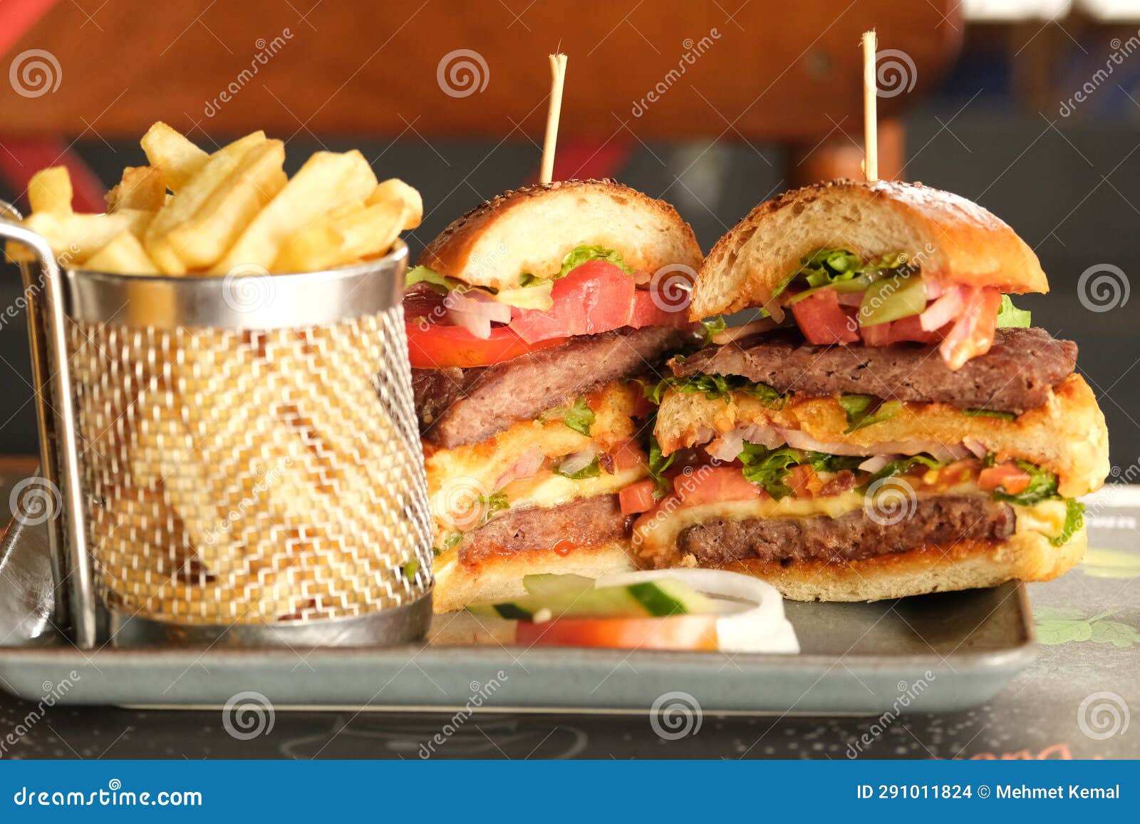 Double Meat Burger with Fried Onion Rings Stock Photo - Image of snack ...